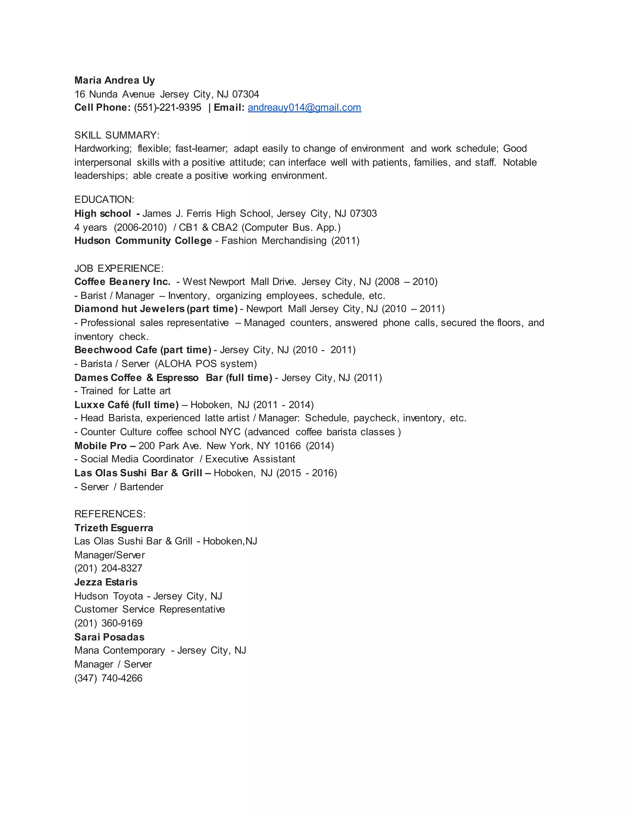 Maria Andrea's Resume | DOCX | Food & Drink