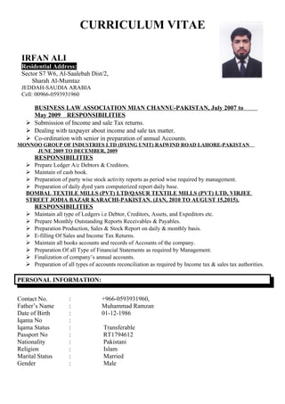 CURRICULUM VITAE IRFAN ALI | DOC | Business Accounting & Finance | Business