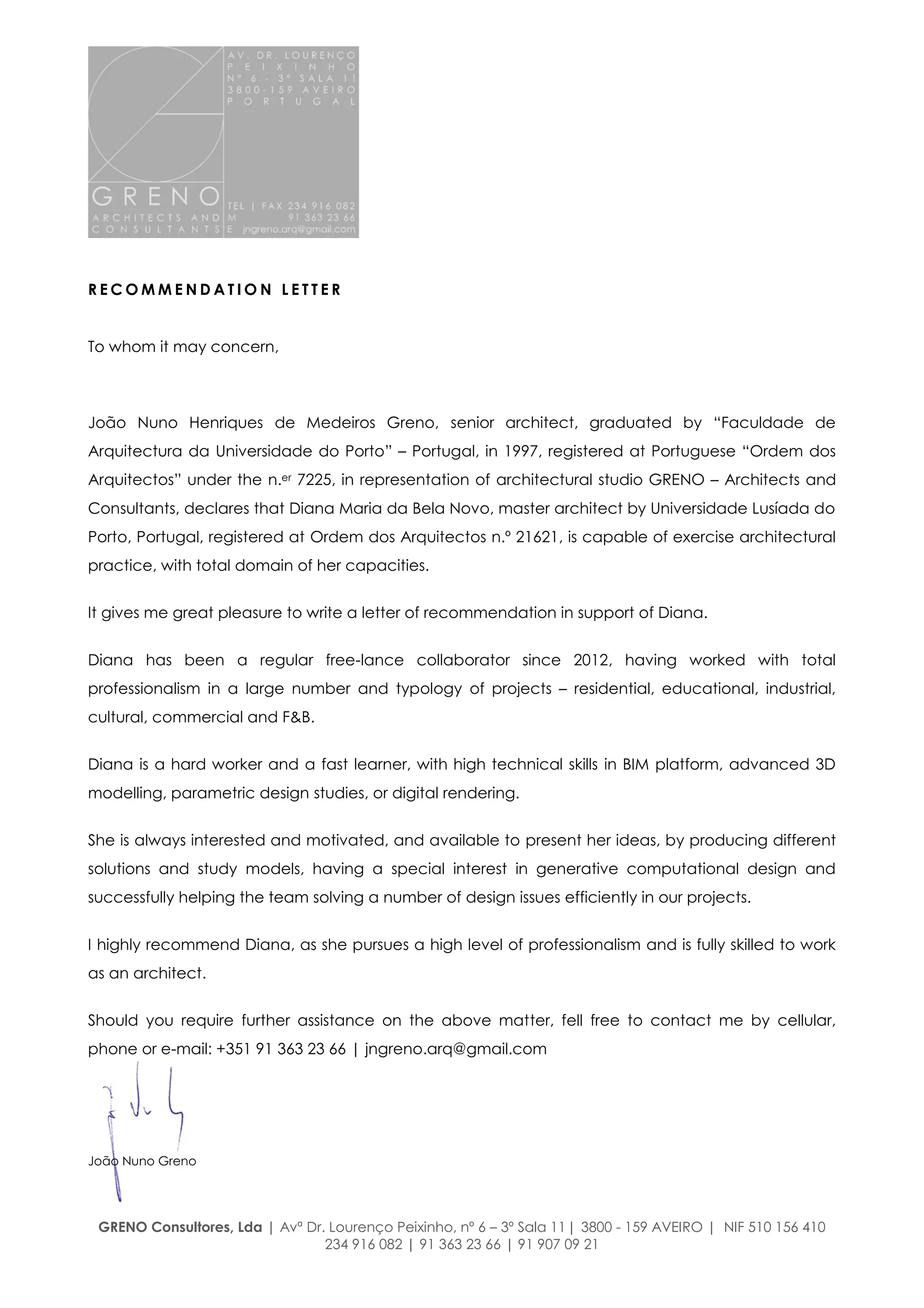Recommendation Letter - João Greno . senior architect | PDF