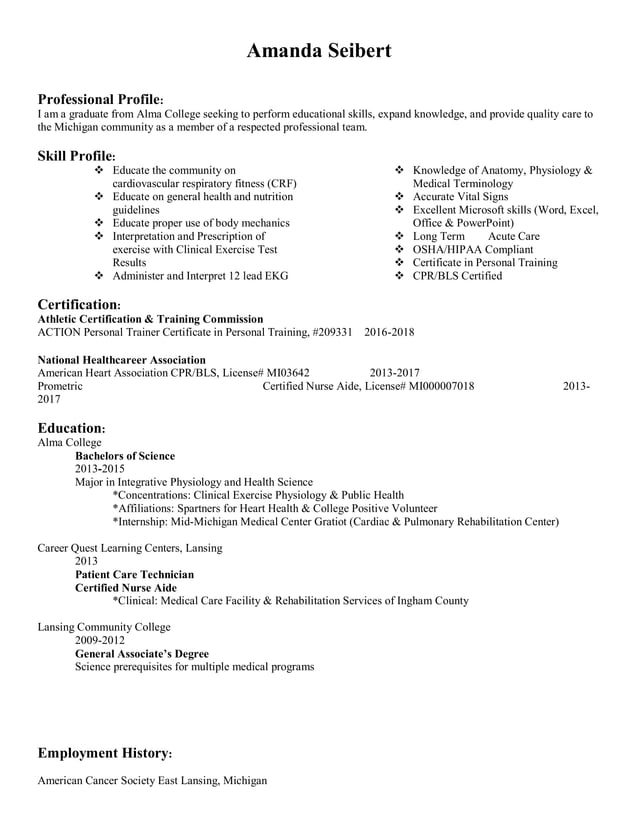 Seibert, Amanda Resume (1) | PDF | Medical Health