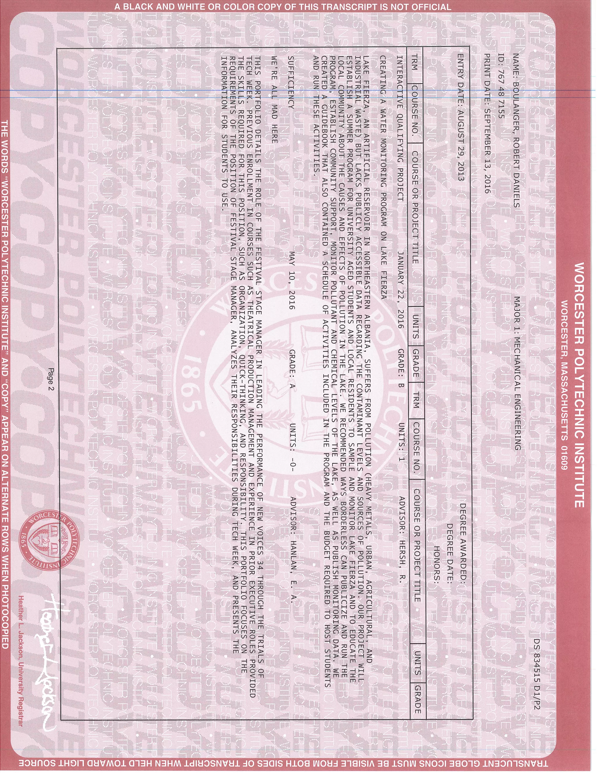 Robert Boulanger WPI Transcripts | PDF