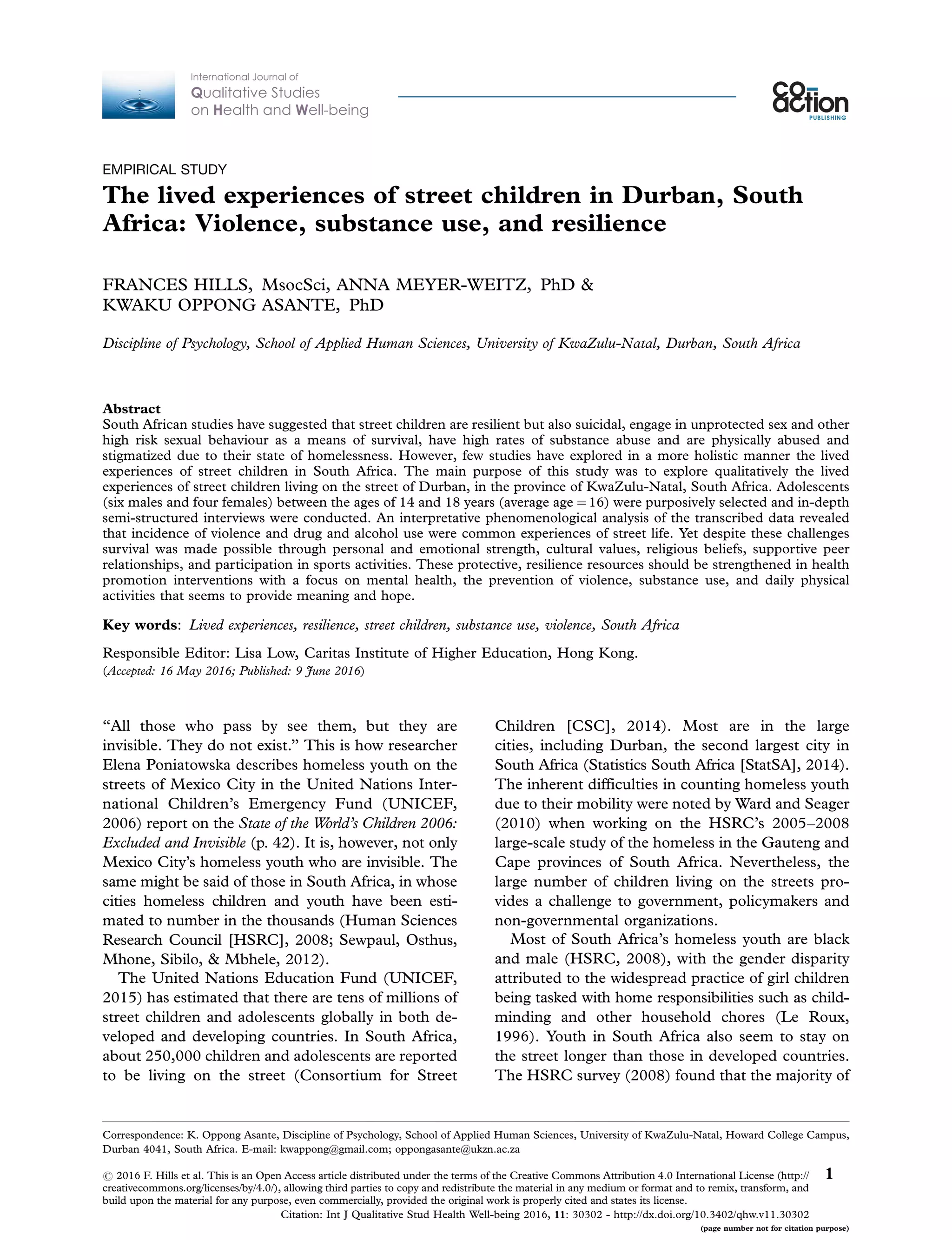The lived experiences of street children in Durban, South Africa | PDF