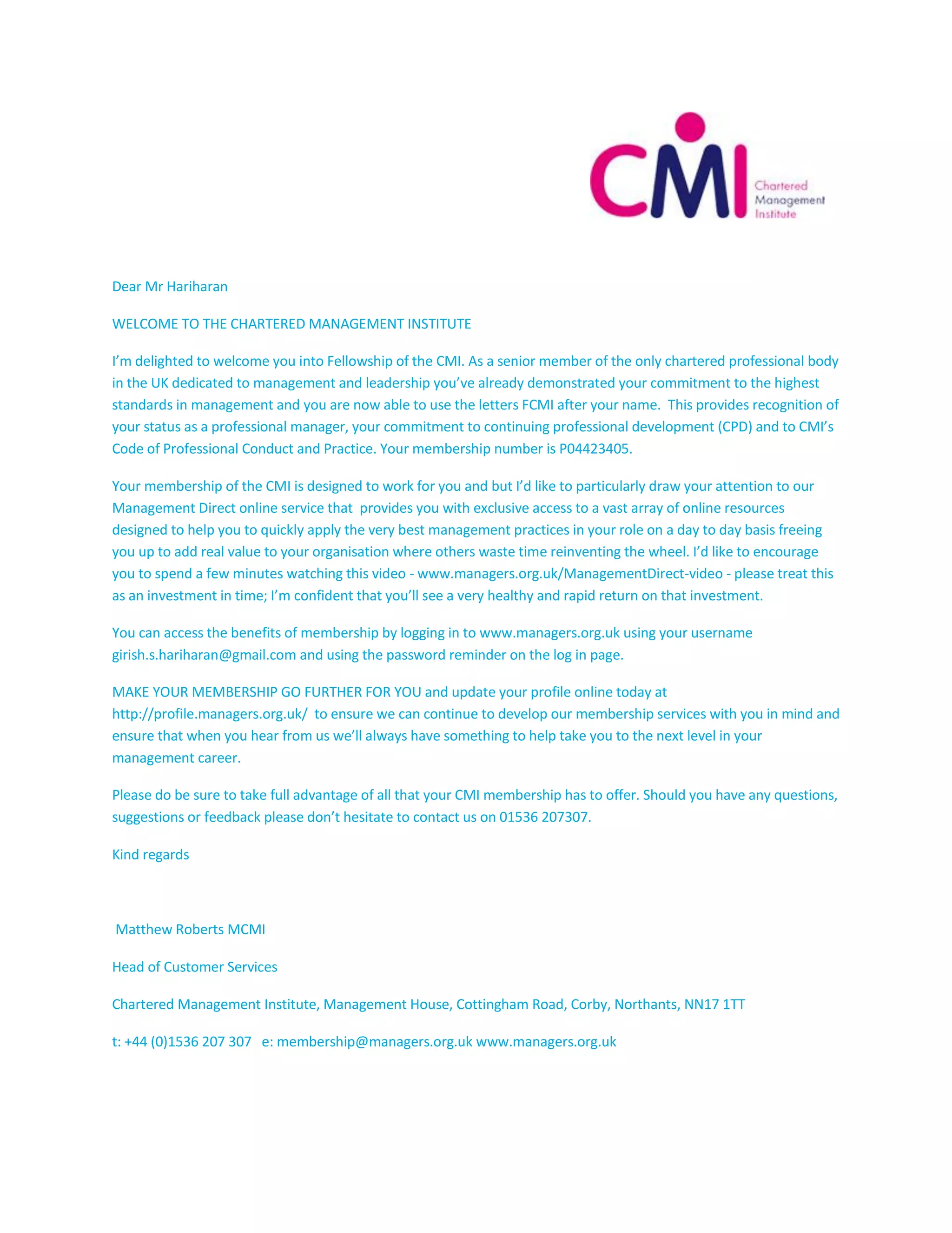 Welcome to CMI Membership | PDF