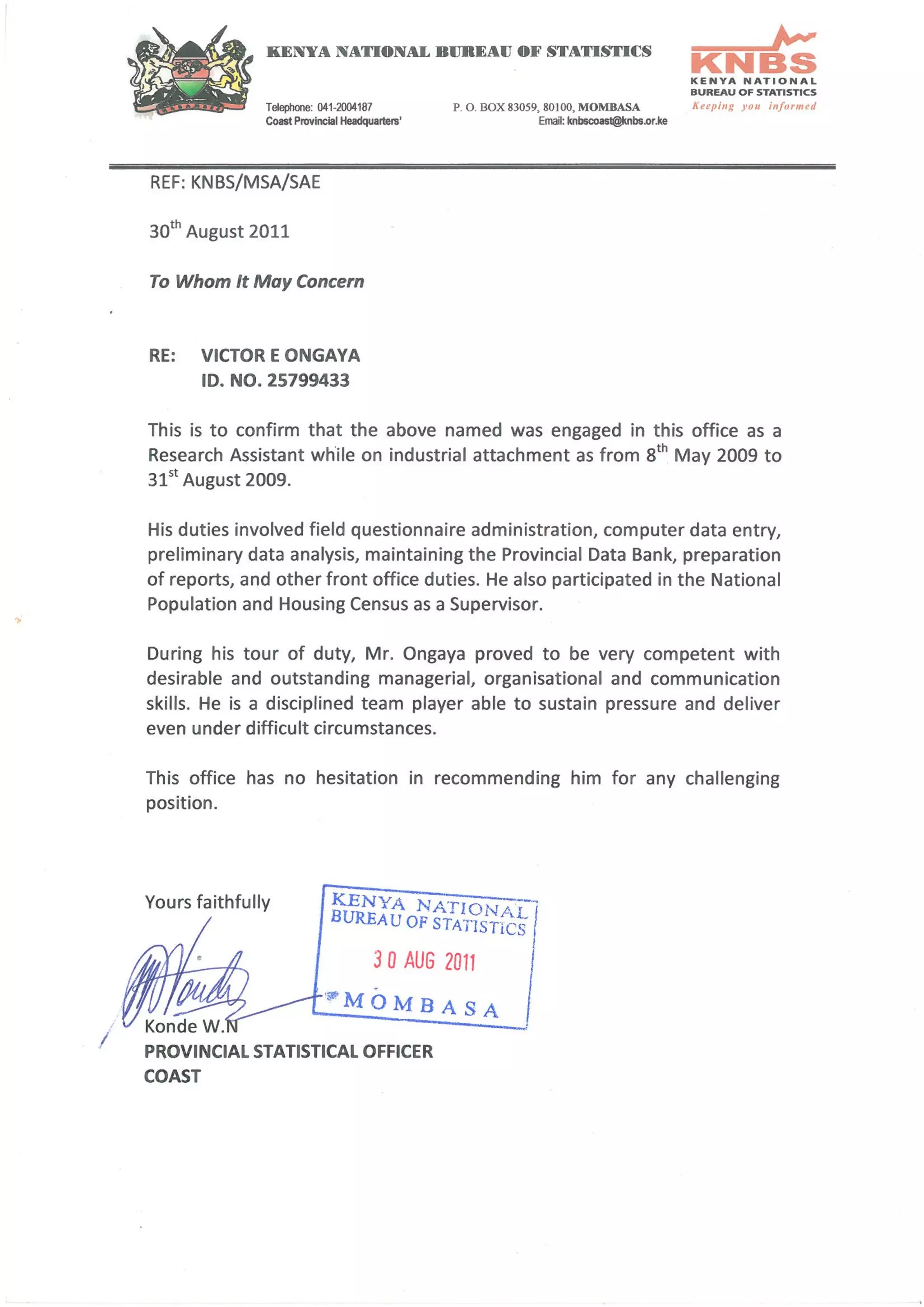 KNBS recomendation letter | PDF