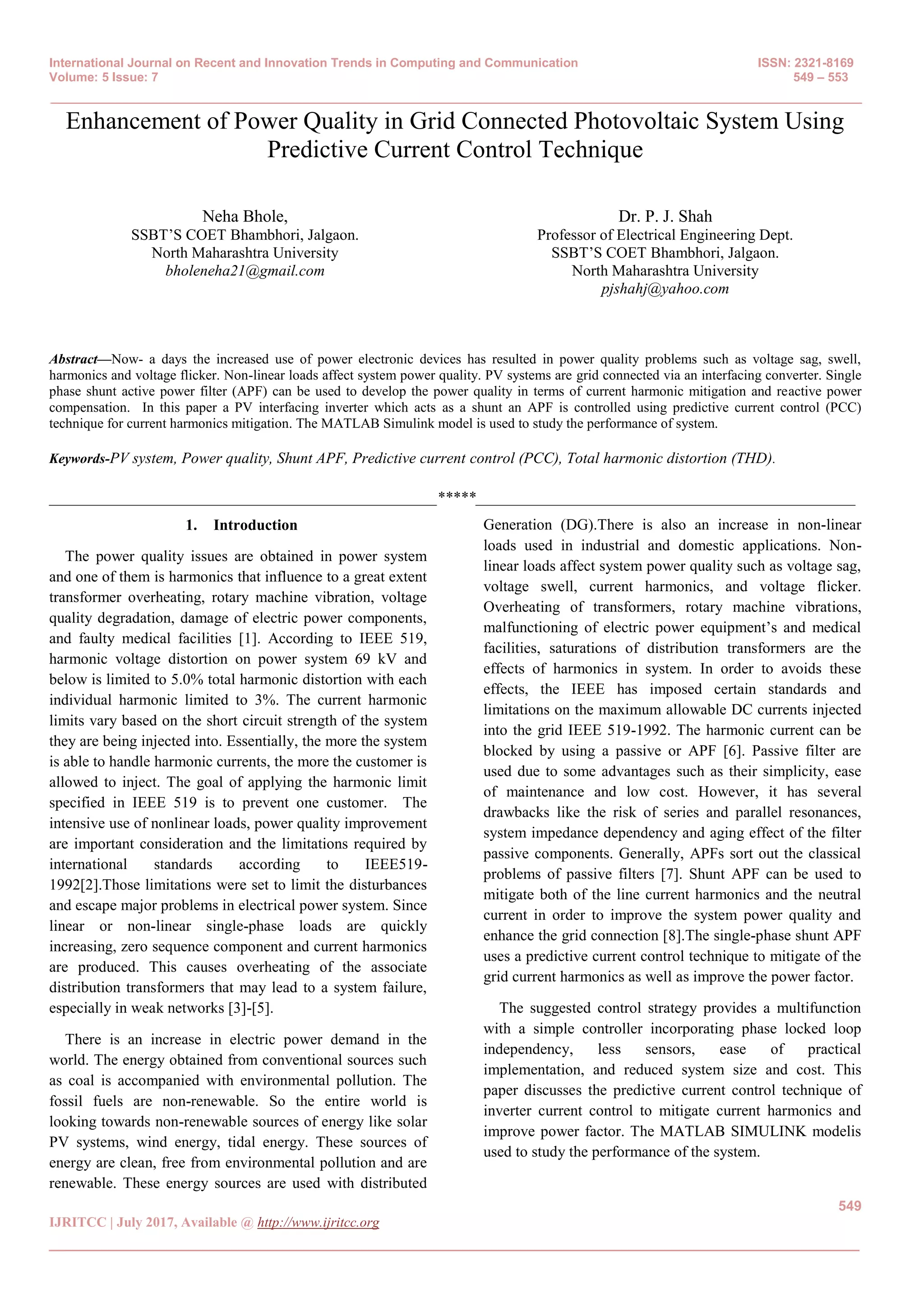 Enhancement of Power Quality in Grid Connected Photovoltaic System Using Predictive Current ...