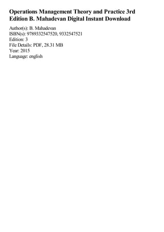 Operations Management Theory and Practice 3rd Edition B. Mahadevan | PDF