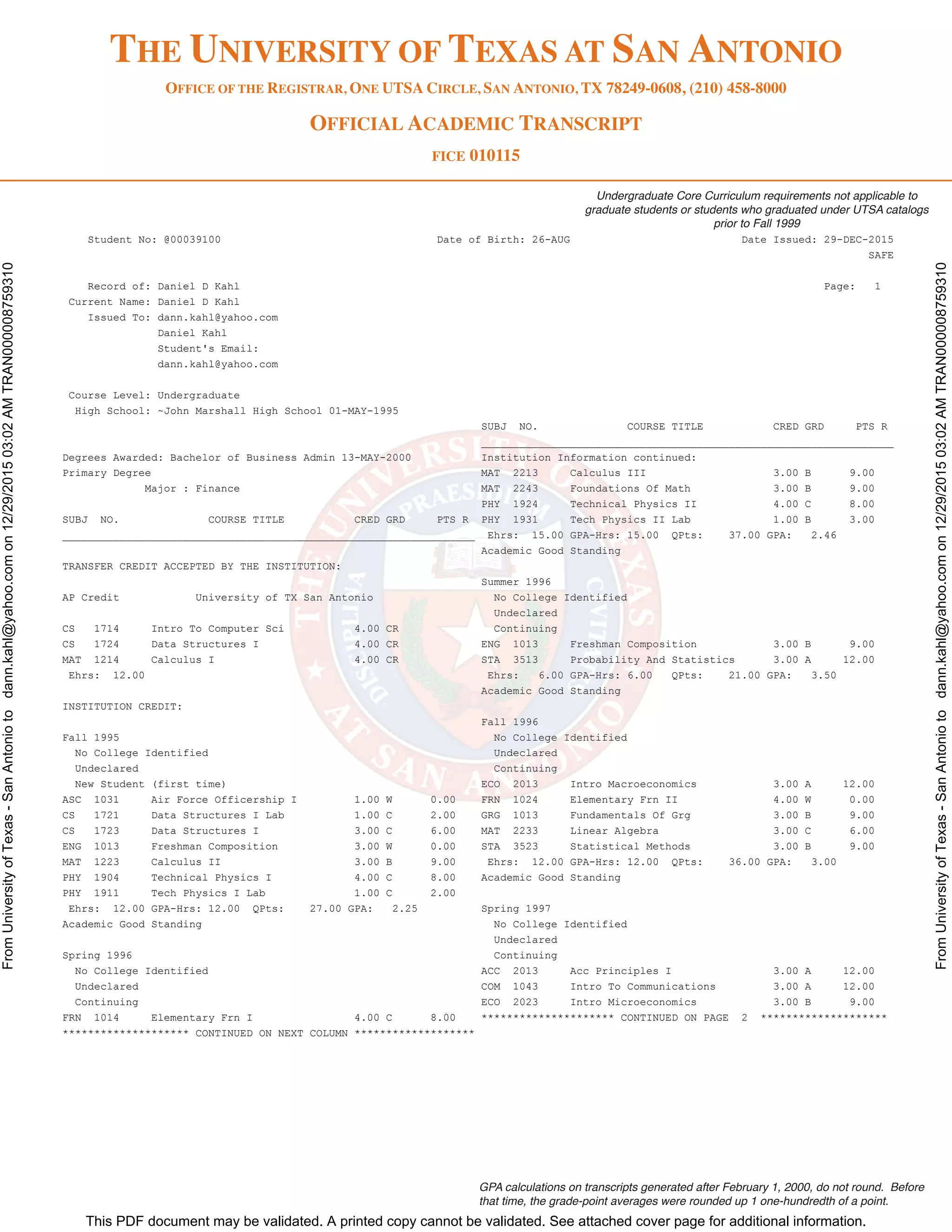 Daniel Kahl UTSA transcripts | PDF