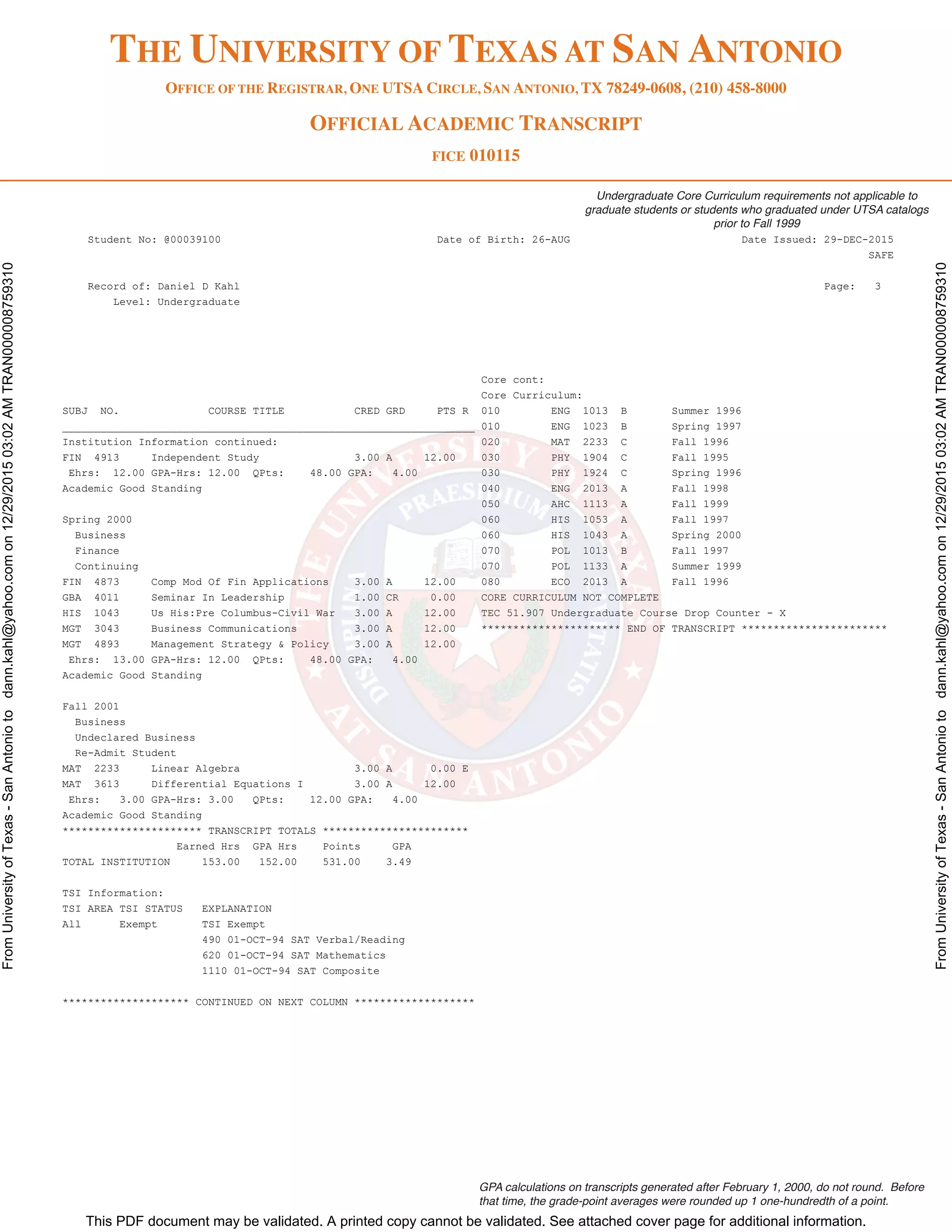 Daniel Kahl UTSA transcripts | PDF