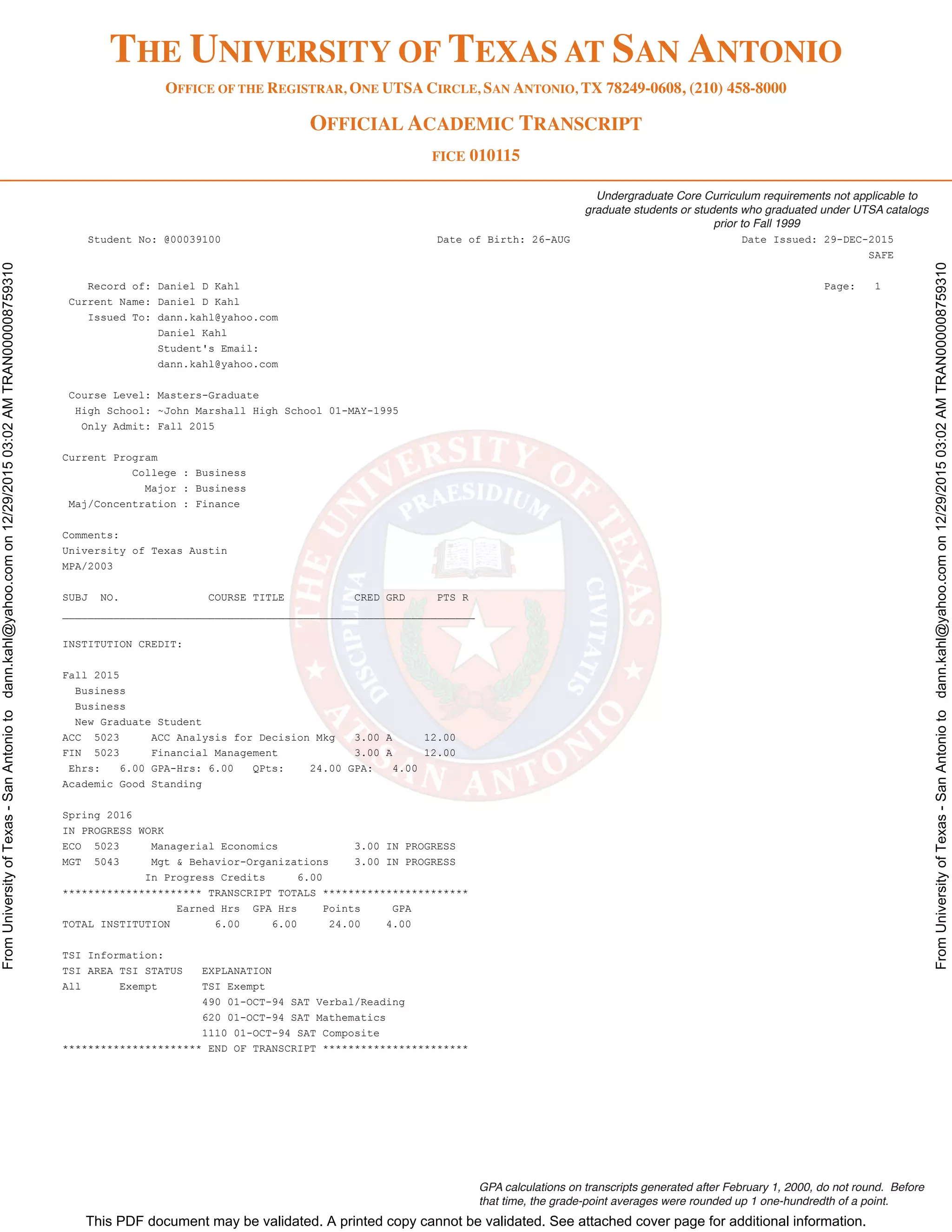 Daniel Kahl UTSA transcripts | PDF