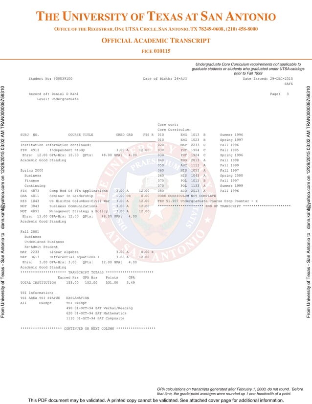 Daniel Kahl UTSA transcripts | PDF