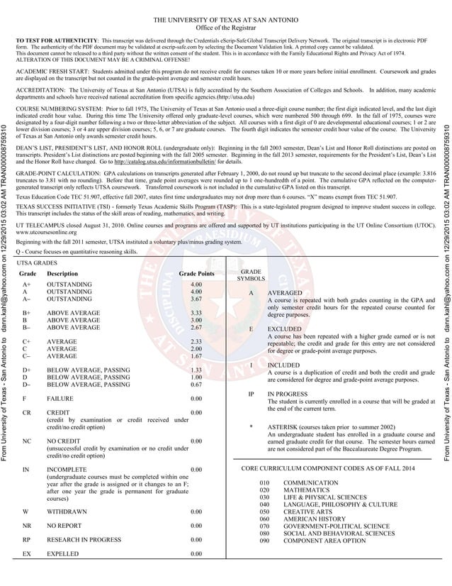 Daniel Kahl UTSA transcripts | PDF