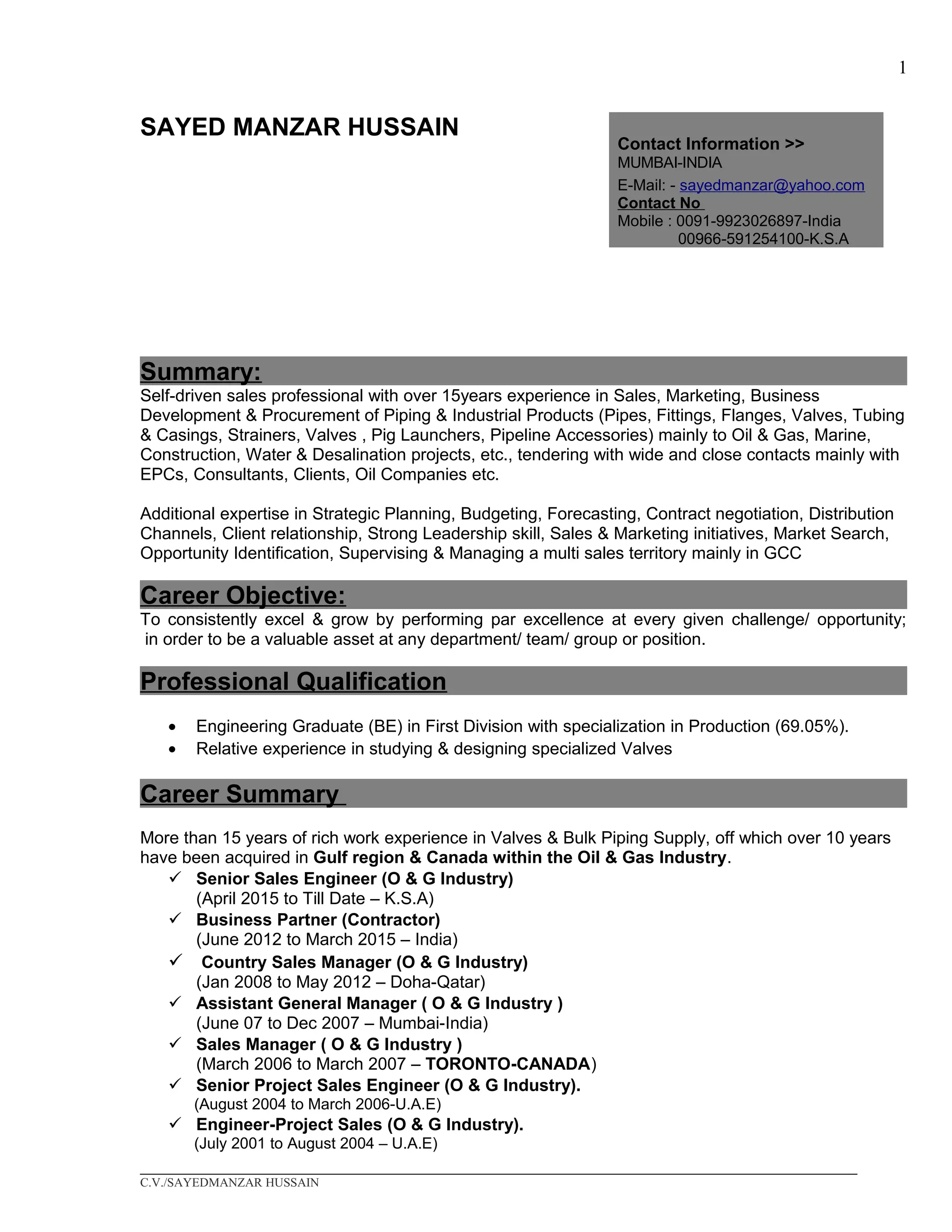 Update Resume-Sayed Manzar | DOC | Sales | Business