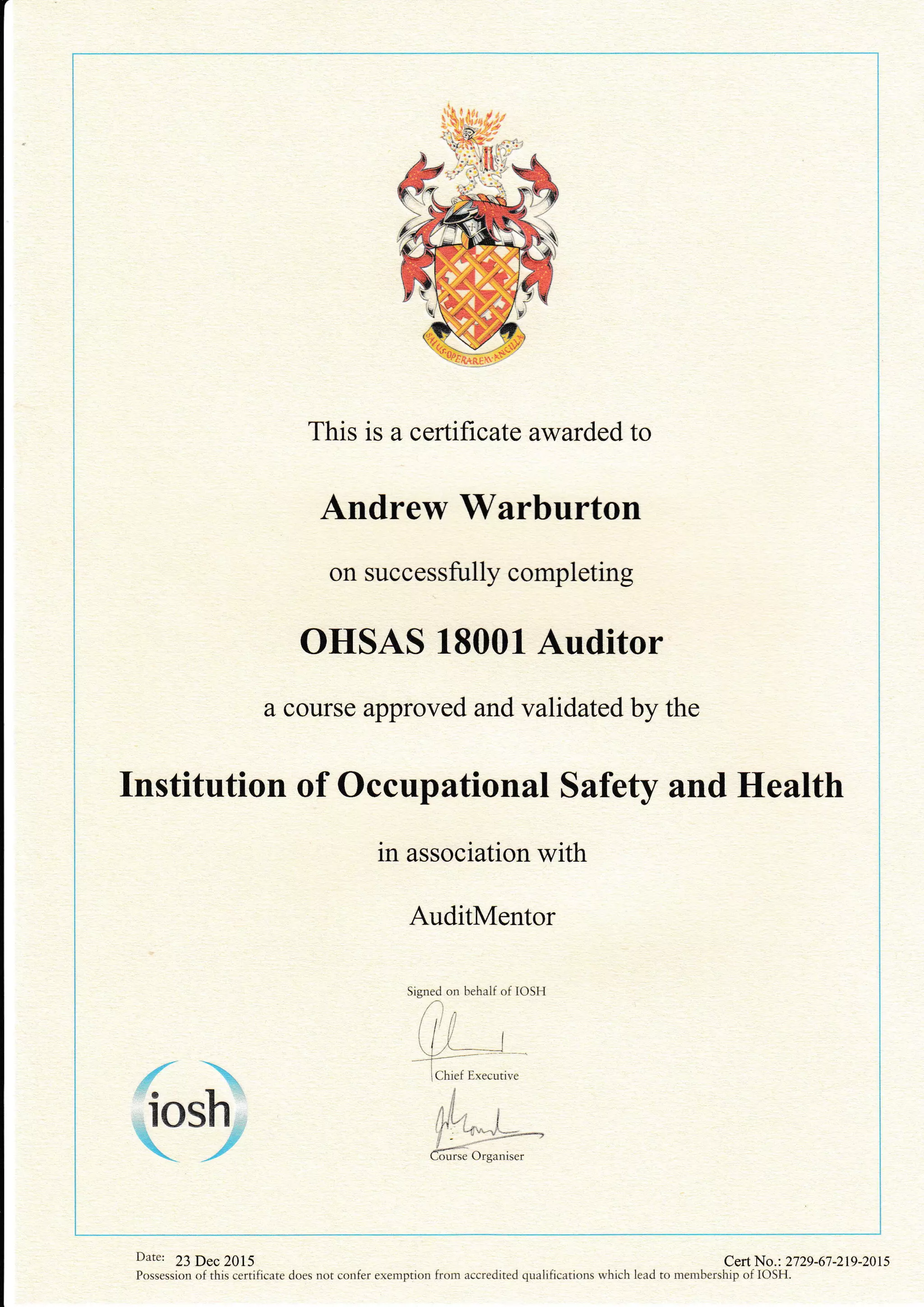 OHSAS 18001 auditor IOSH Certificate | PDF