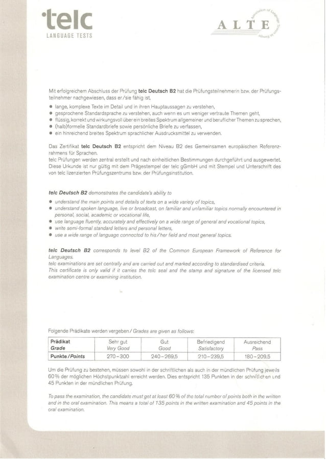 Zertifikat TELC Deutsch B2