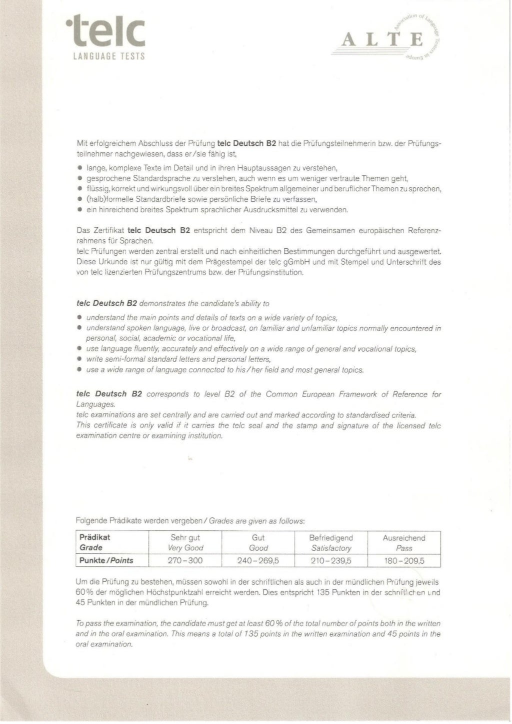 Zertifikat TELC Deutsch B2