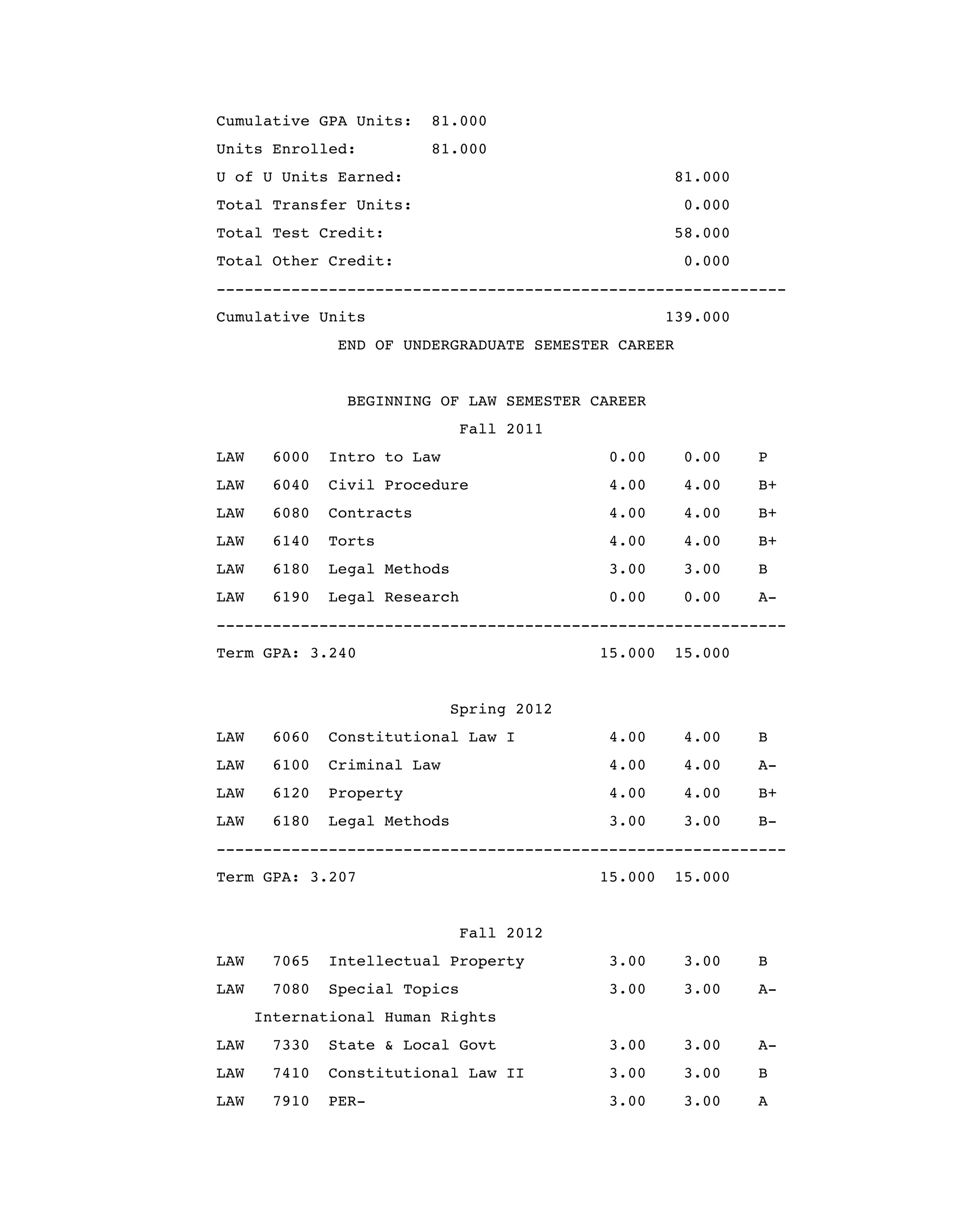 Andrew Rawlings - Transcripts from Law School and Undergrad | PDF
