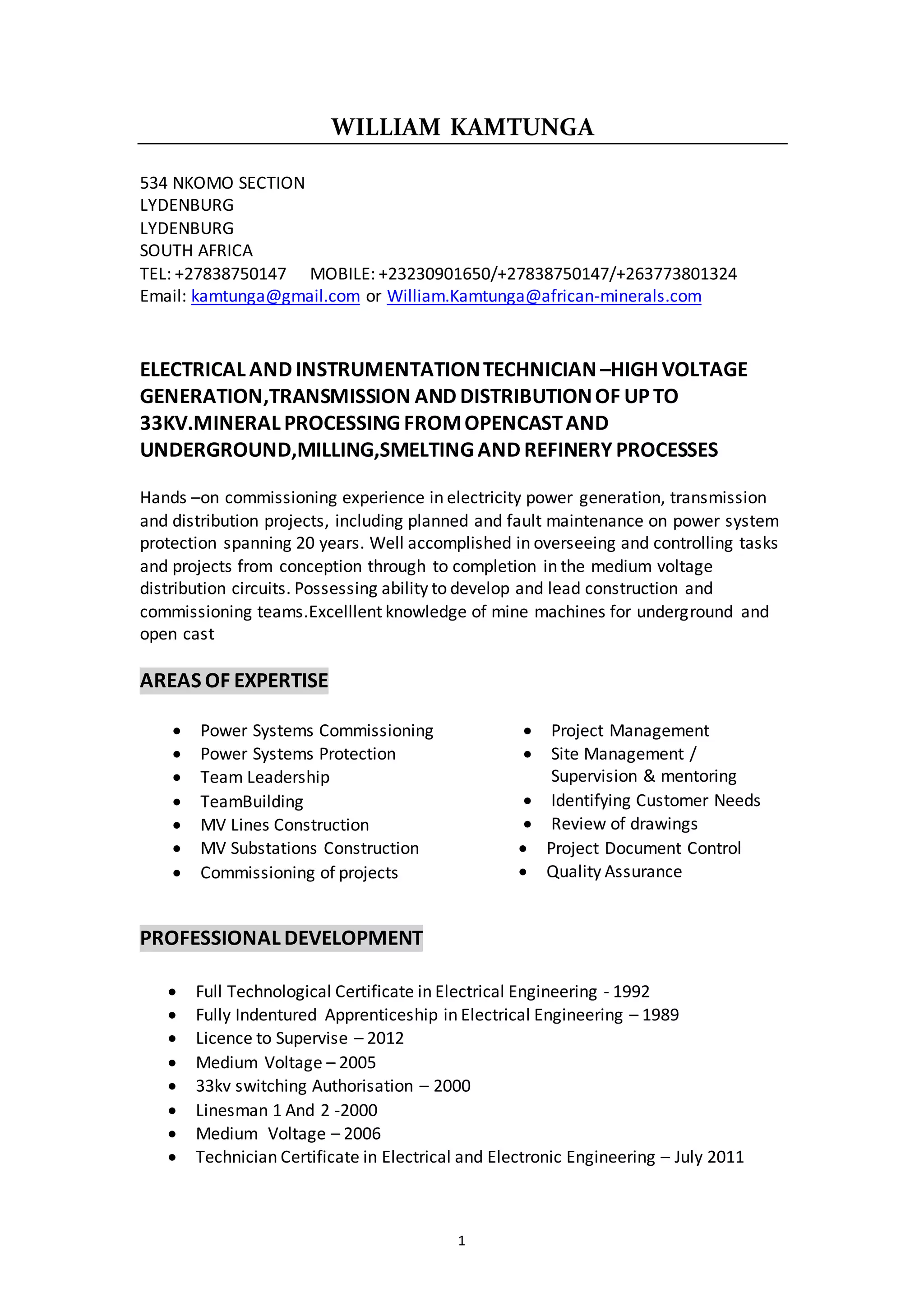 CURRICULUM VITAE FOR WILLIAM KAMTUNGA | PDF