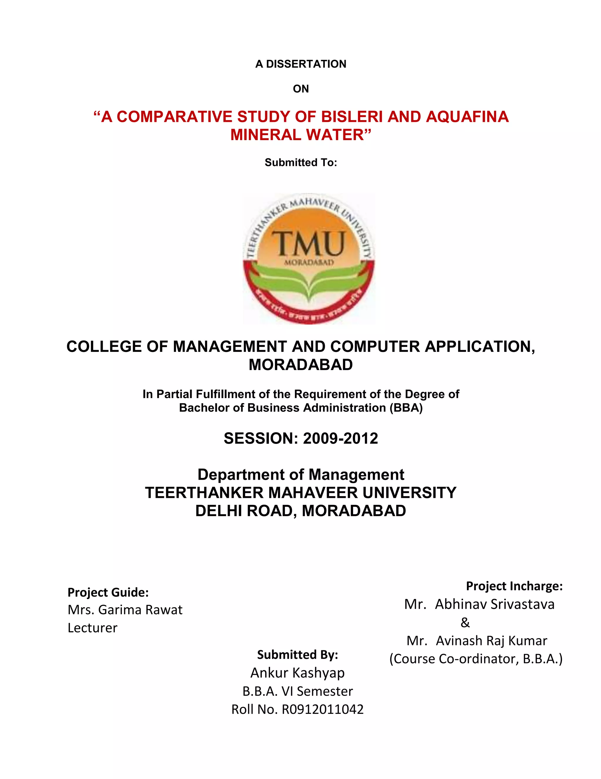 98404052 a-comparative-study-of-bisleri-and-aquafina-mieral-water | DOCX