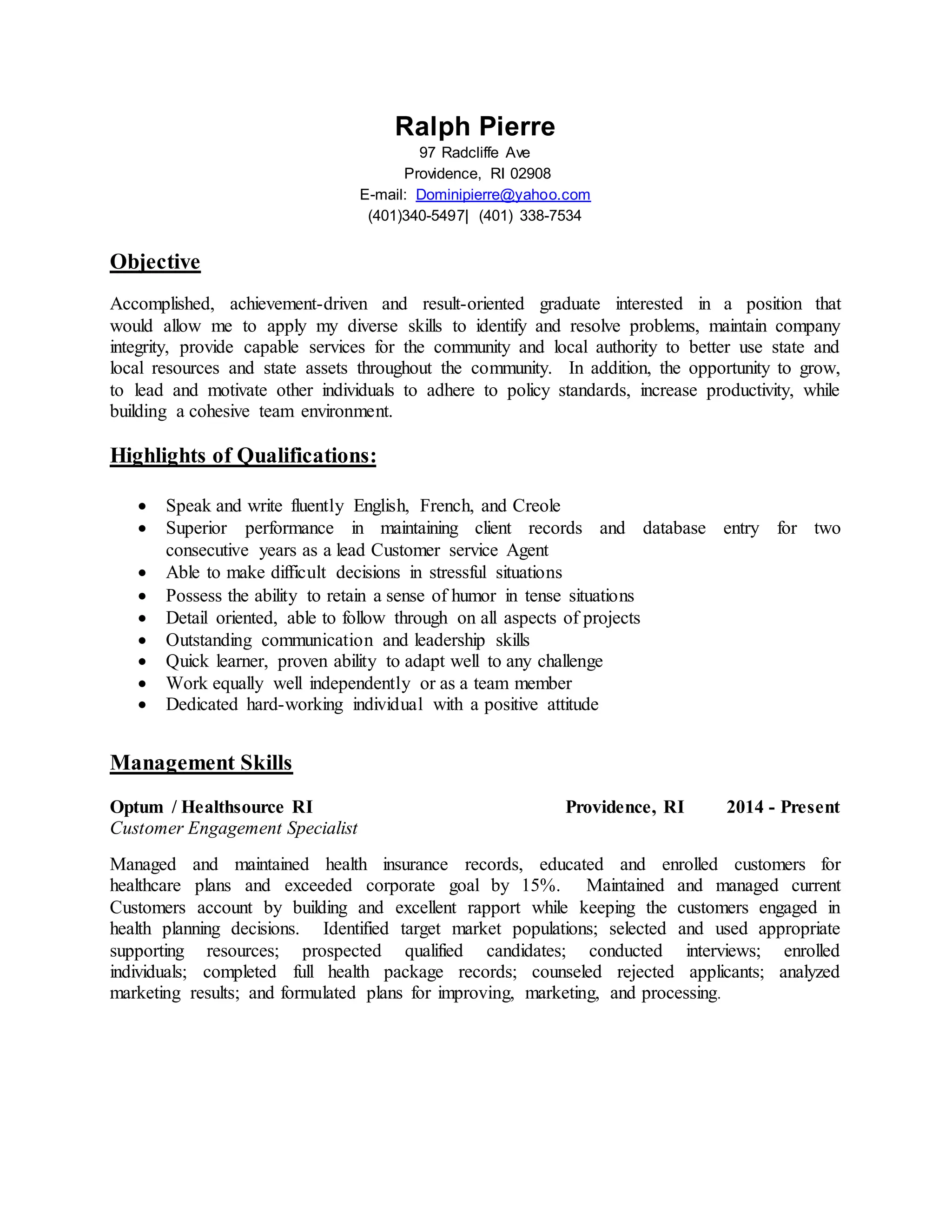 Ralph Pierre updated Resume | DOCX