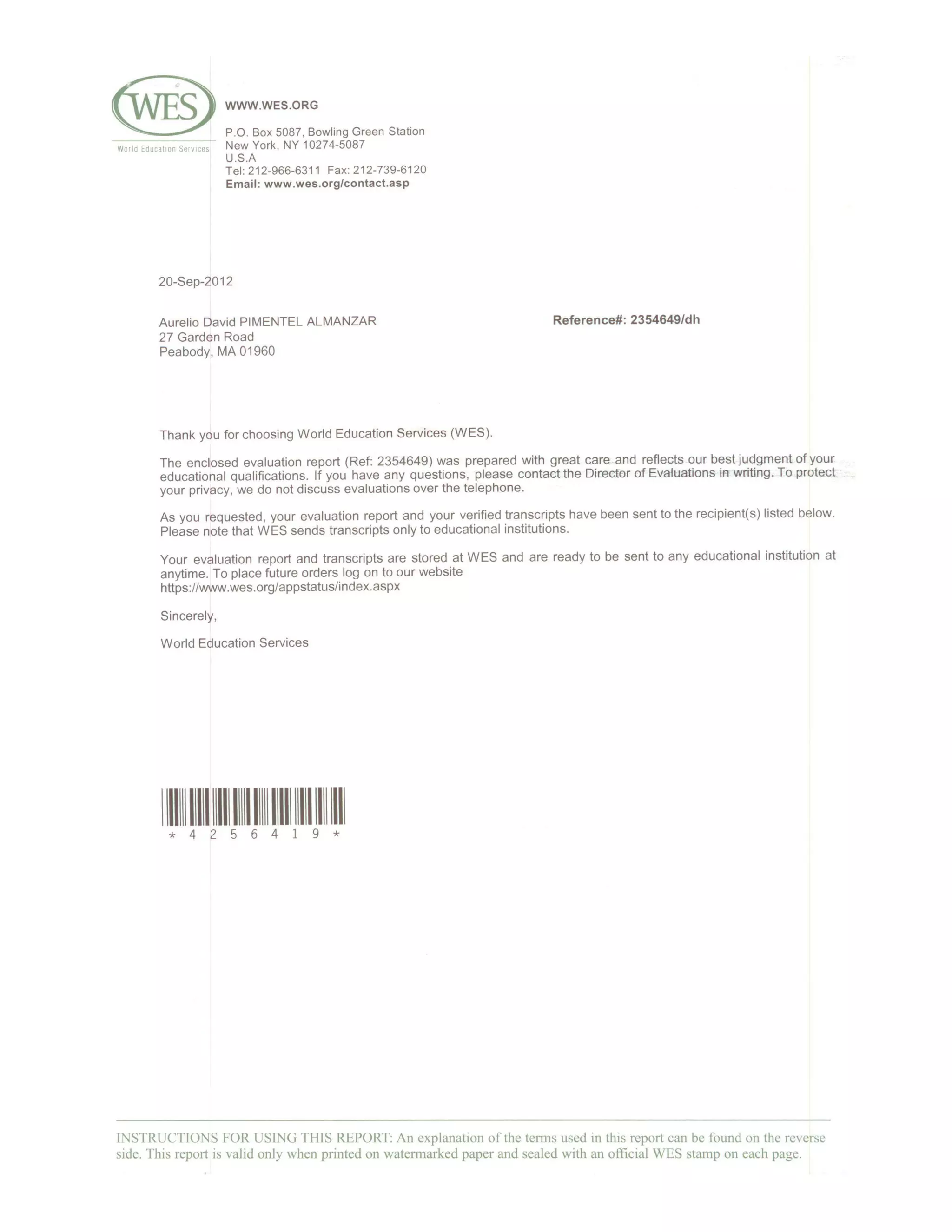 000 World Education Services - Grado Universitario - US Equivalency | PDF