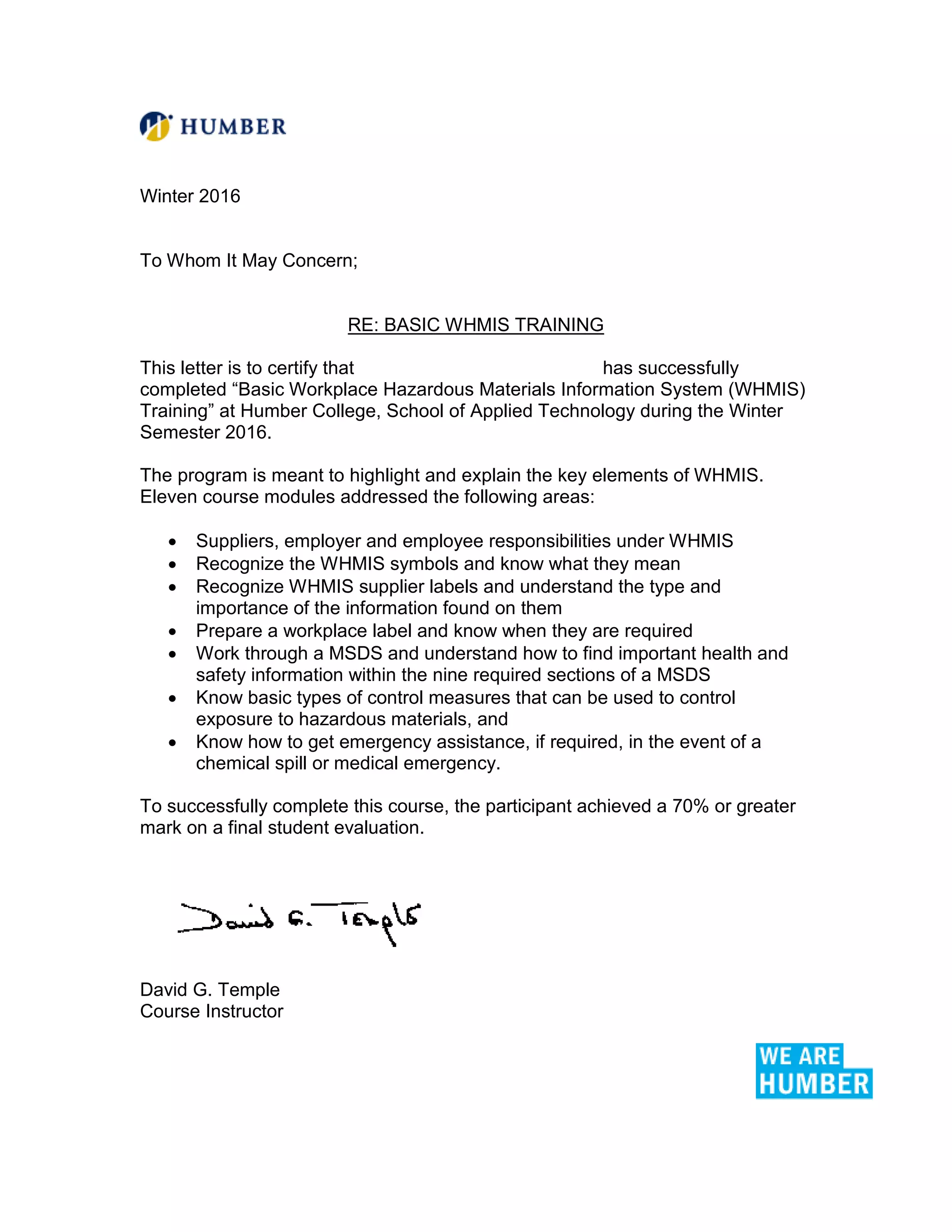 Certification Letter - Winter 2016FILL-WHMIS | PDF