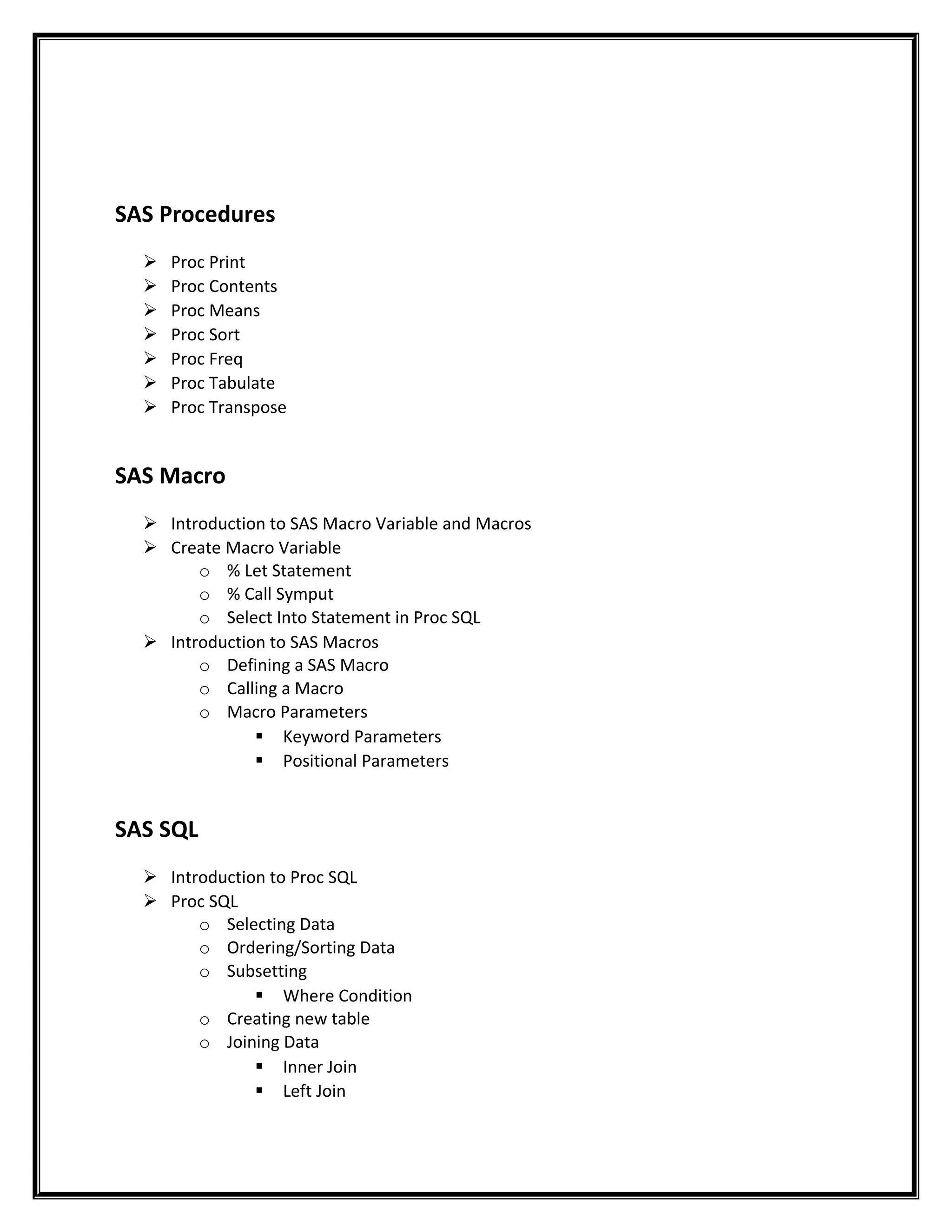 Base and Advanced SAS Training Contents | DOC