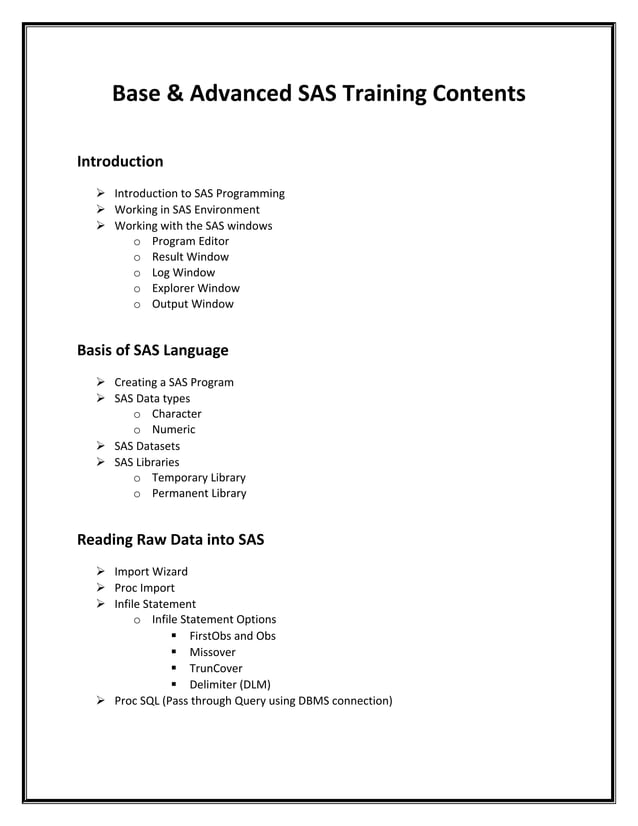 Base and Advanced SAS Training Contents | DOC