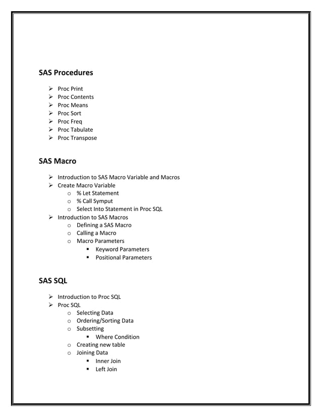 Base and Advanced SAS Training Contents | DOC