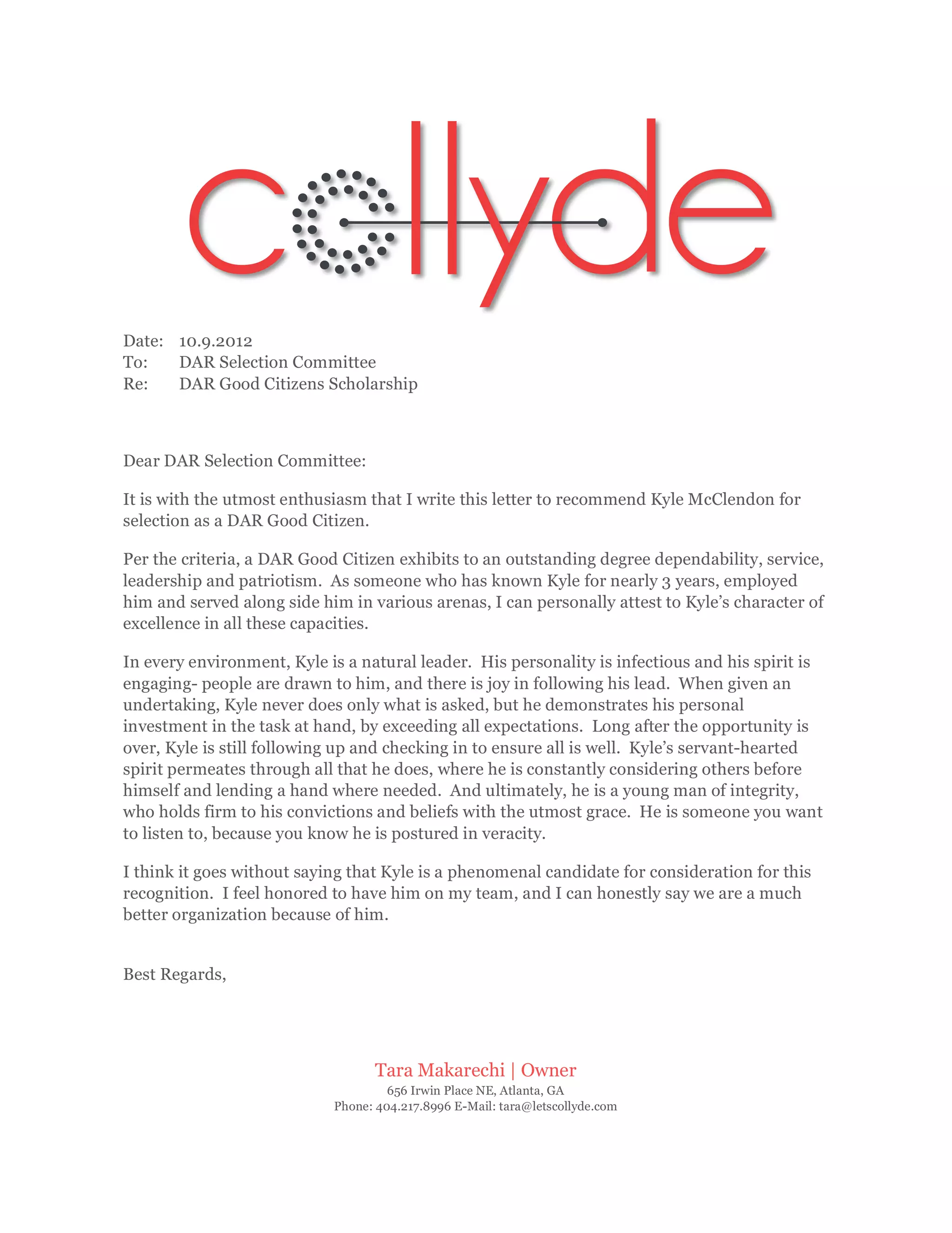 DAR Letter of Recommendation for Kyle McClendon2 | PDF