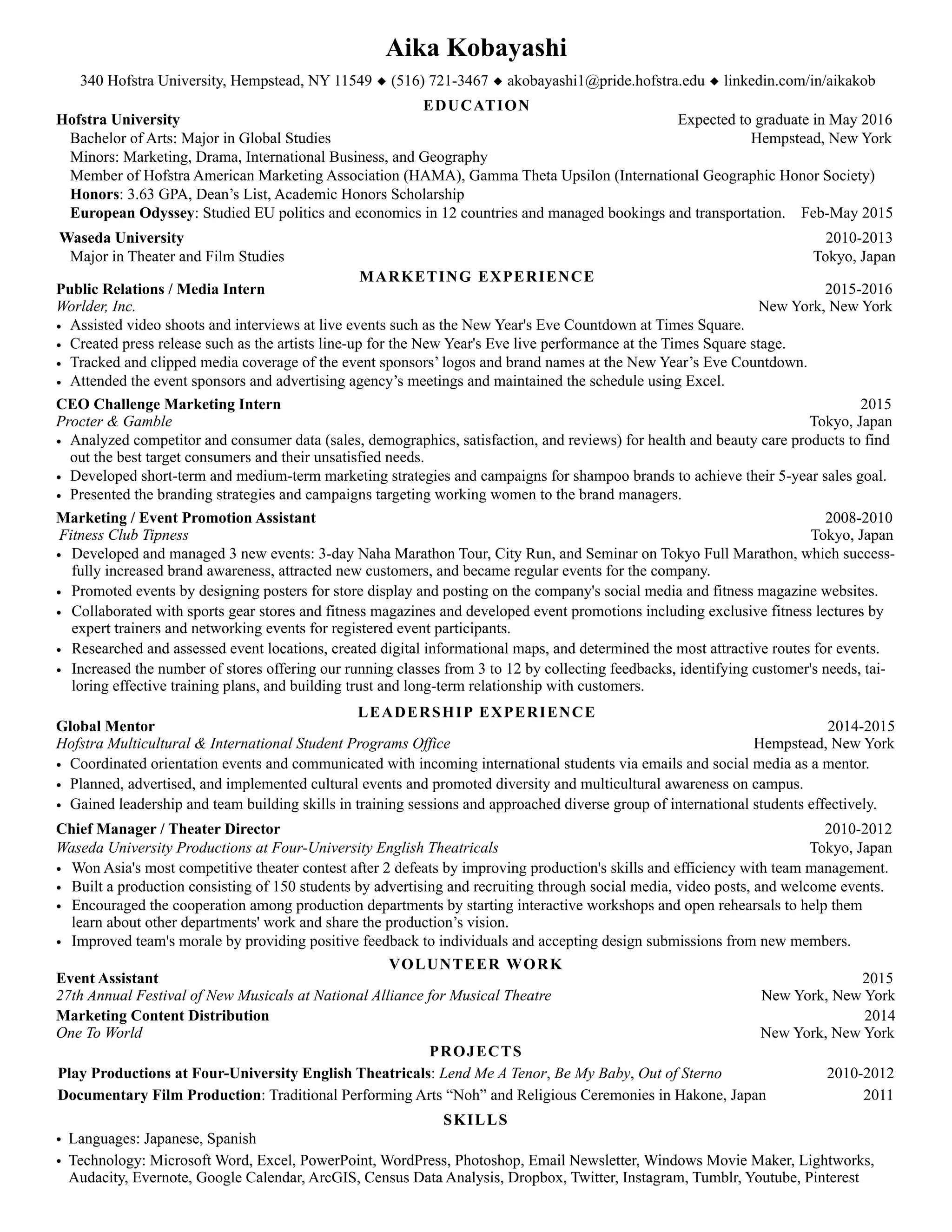 Aika Kobayashi Resume 2016 | PDF