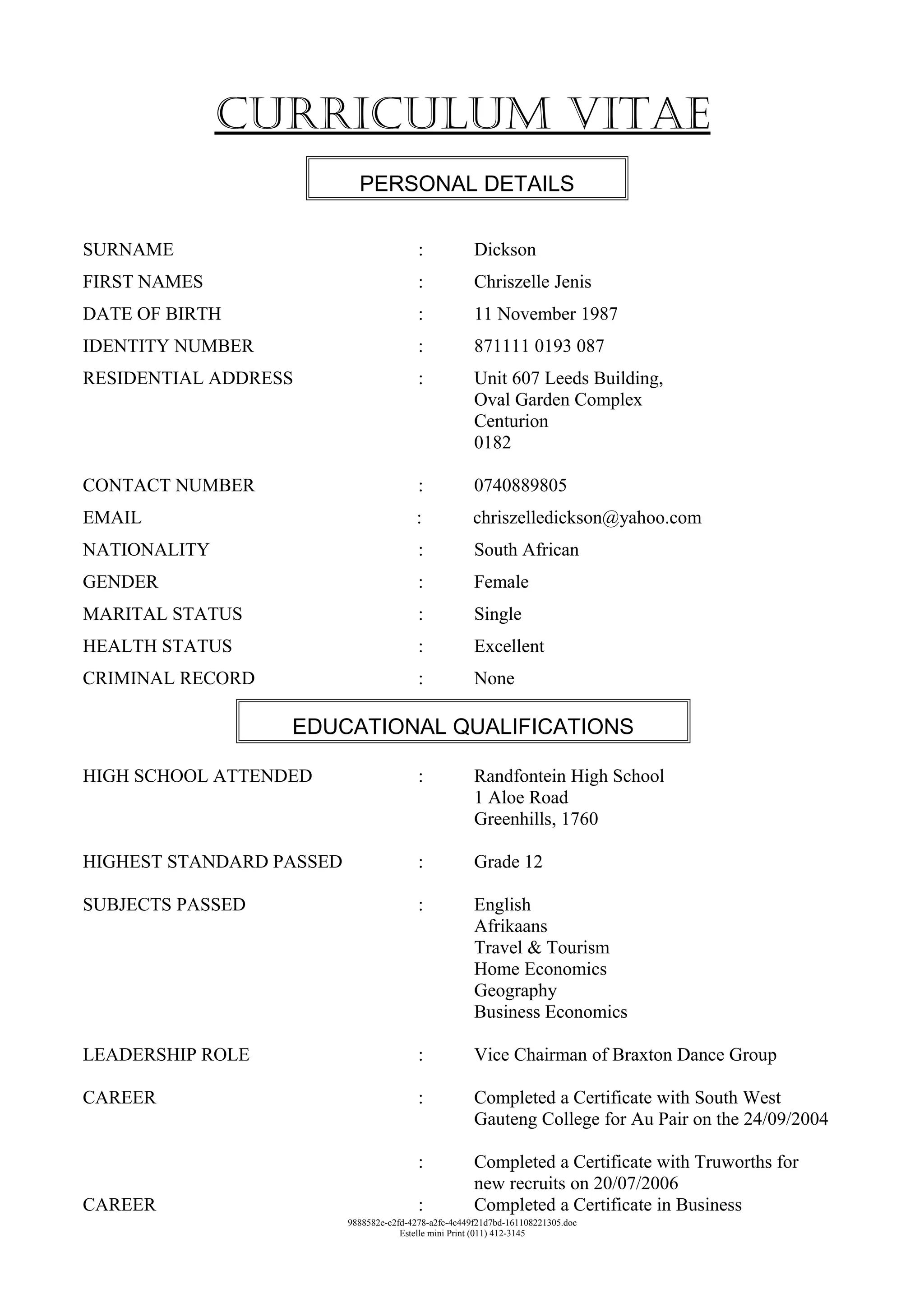 CHRISZELLE DICKSON CV PTA | PDF