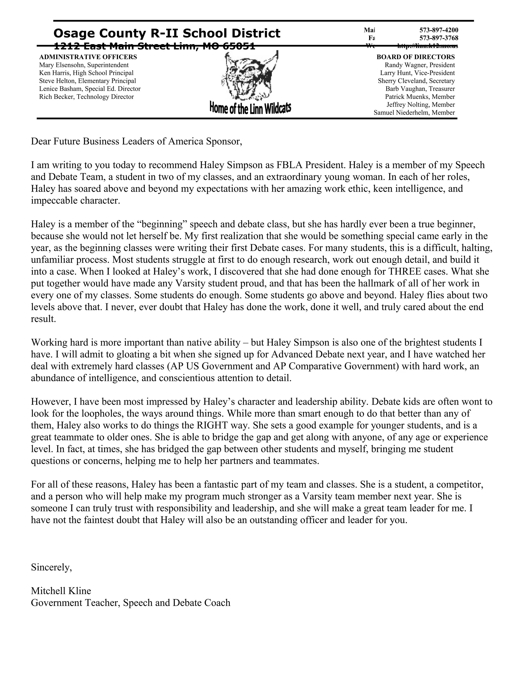 Recommendation Letter for FBLA - Kline | DOC