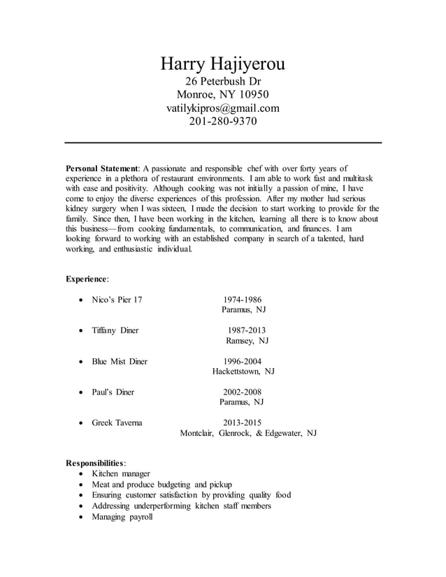 Harry Hajiyerou resume | DOCX | Dining Out | Food & Drink