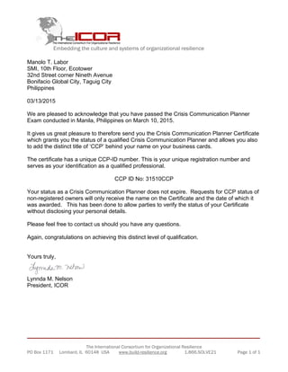 Crisis Communication Planner Certification by ICOR | PDF