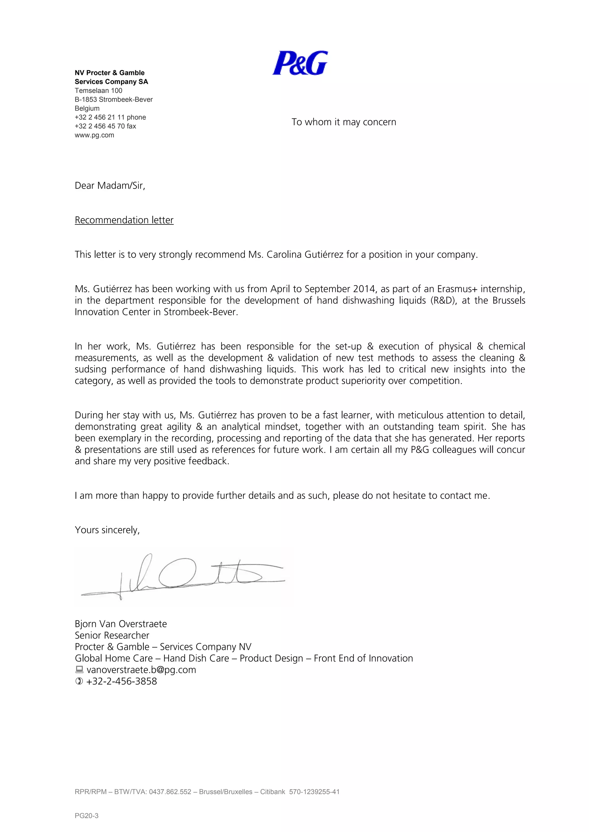 P&G Letter - Recommendation letter Carolina Gutierrez | PDF