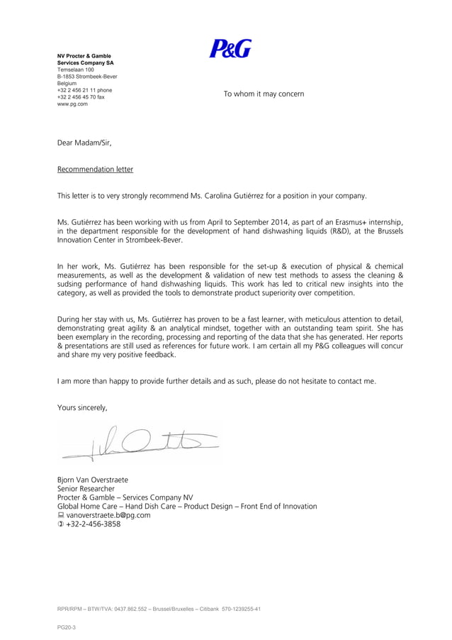 P&G Letter - Recommendation letter Carolina Gutierrez | PDF