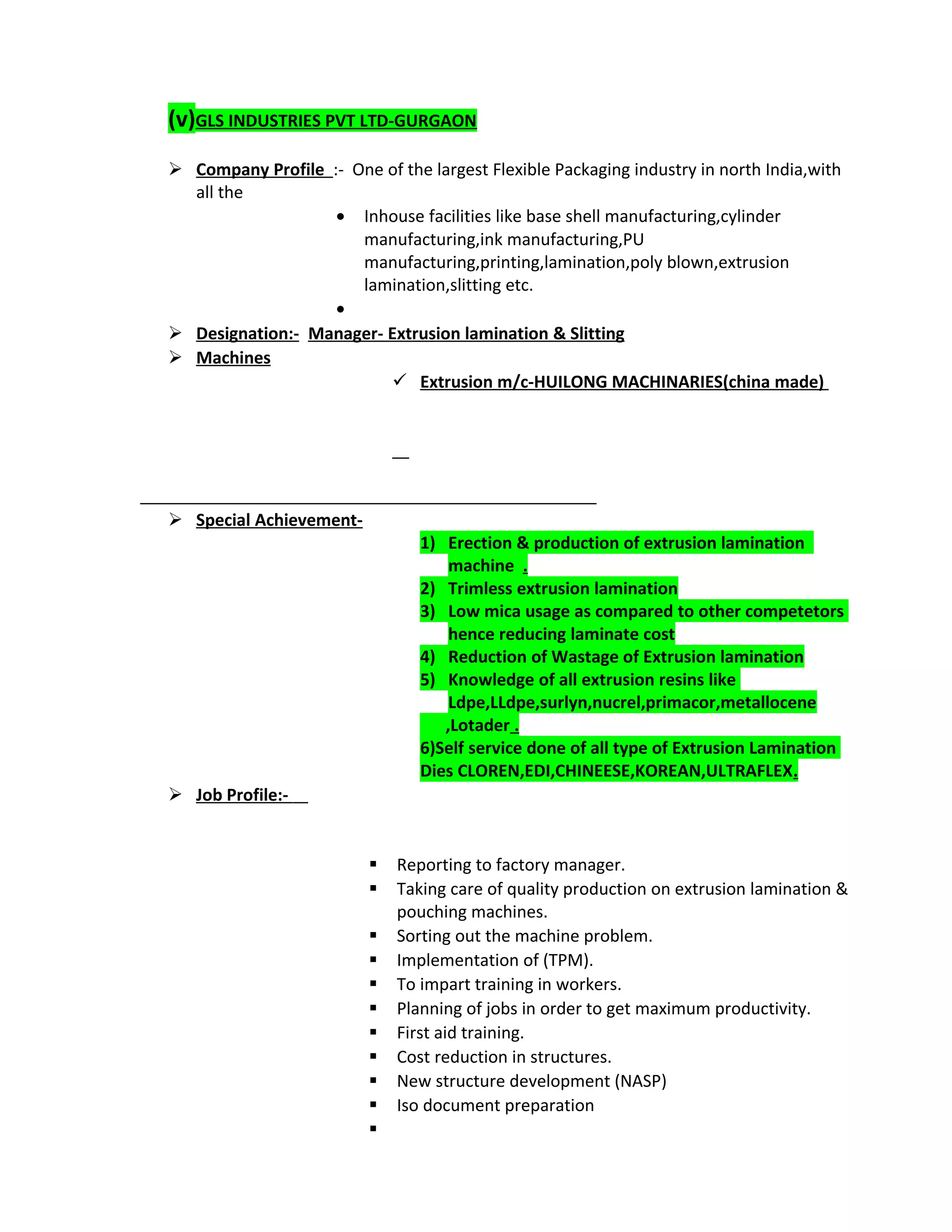 sunil_resume | DOC | Manufacturing Industry | Industries