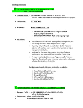 sunil_resume | DOC | Manufacturing Industry | Industries