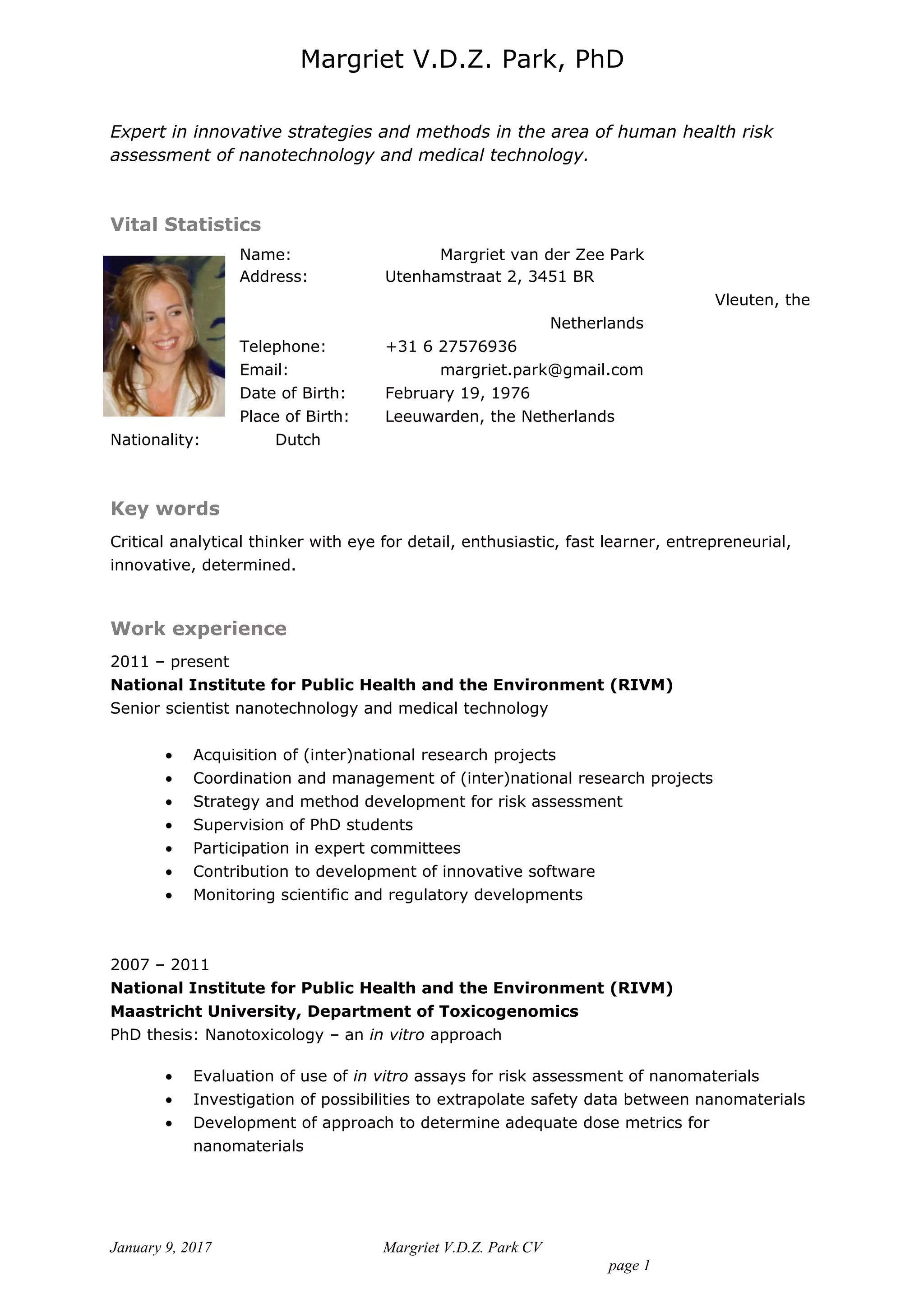 Margriet Park CV Jan 2017 | PDF