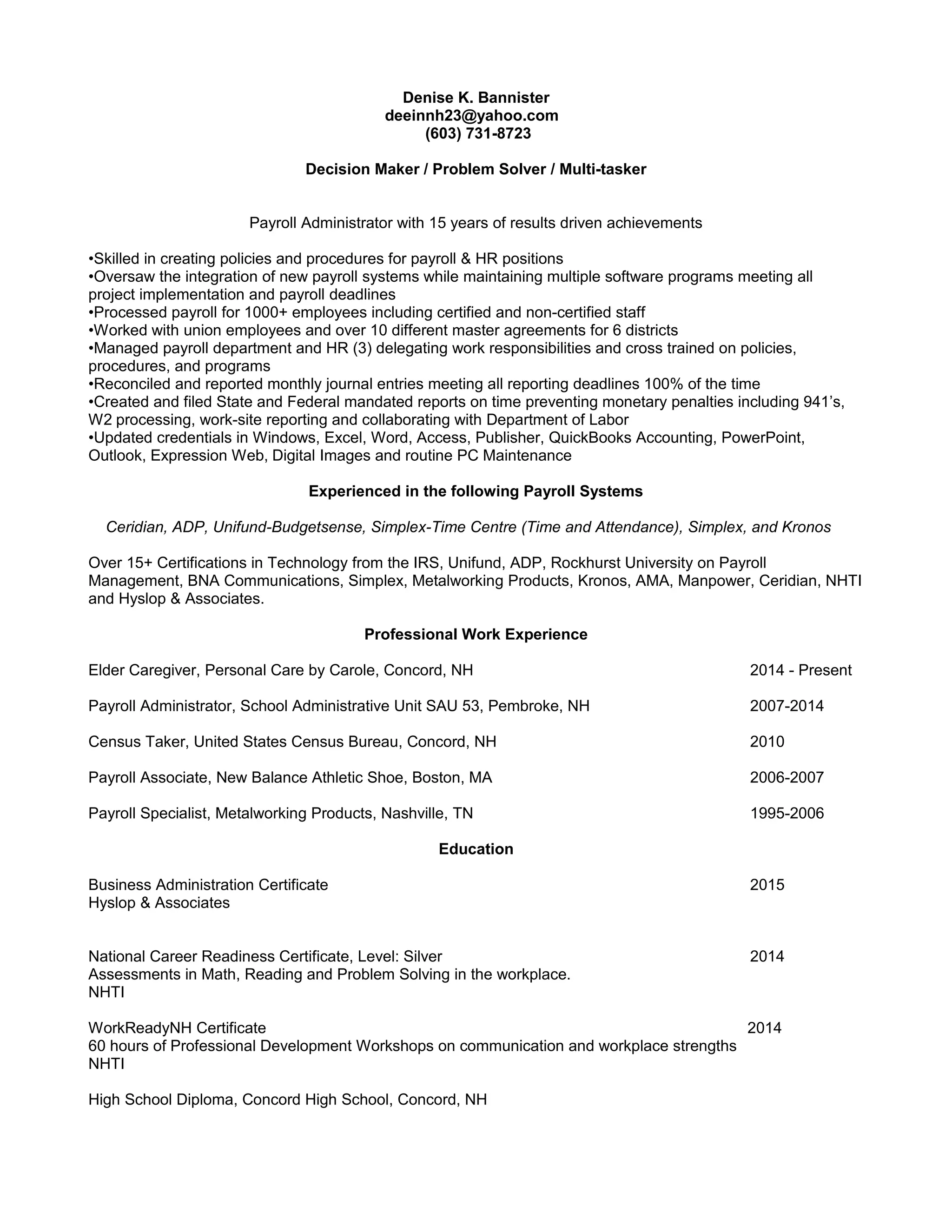 Denise Resume Payroll Administrator1 | ODT