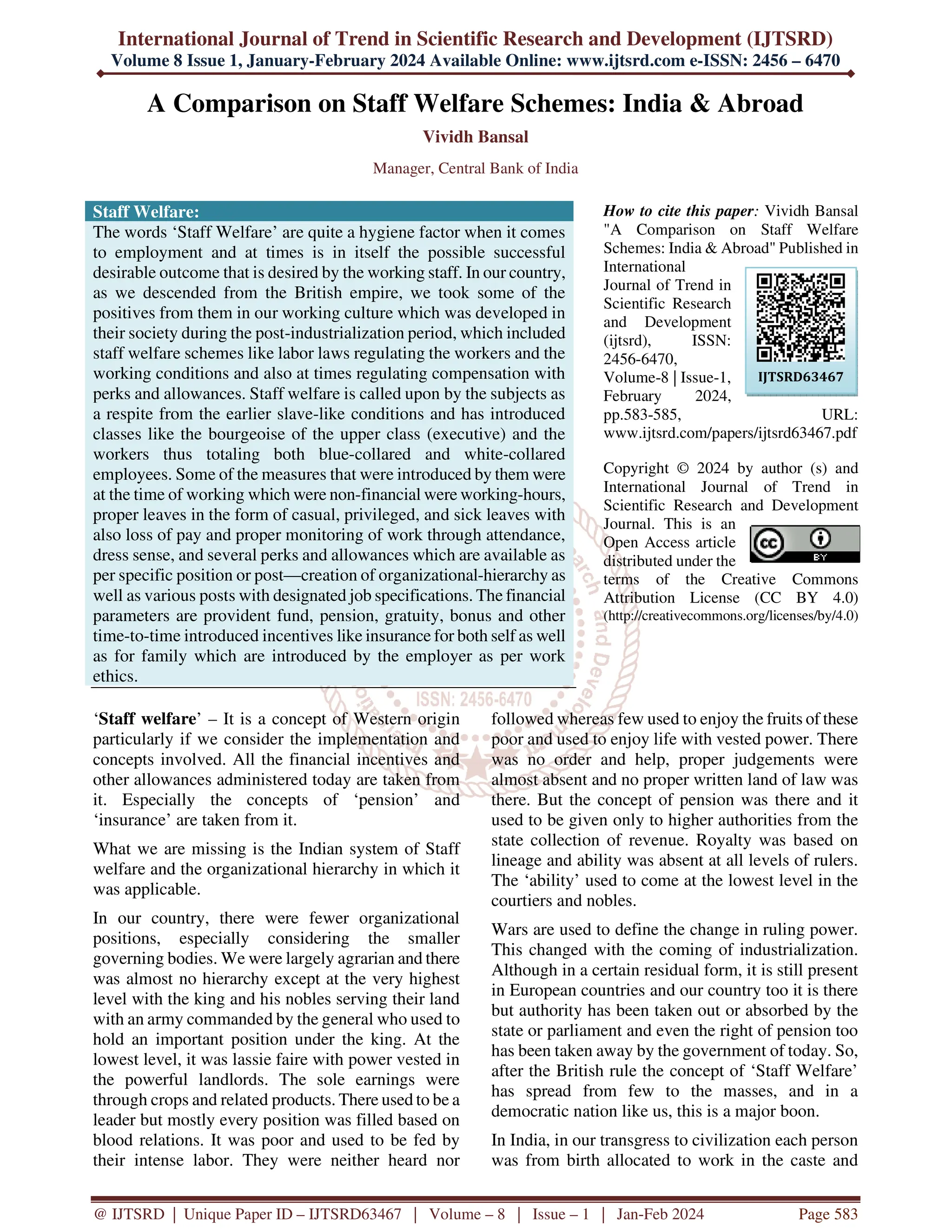 A Comparison on Staff Welfare Schemes India and Abroad | PDF
