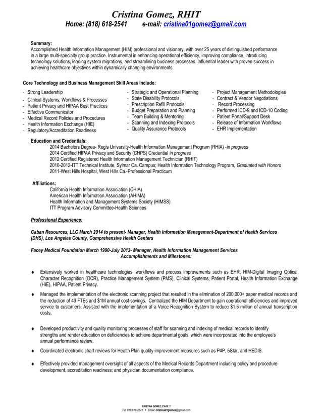 Cristina Gomez RHIT resume 2016 | PDF