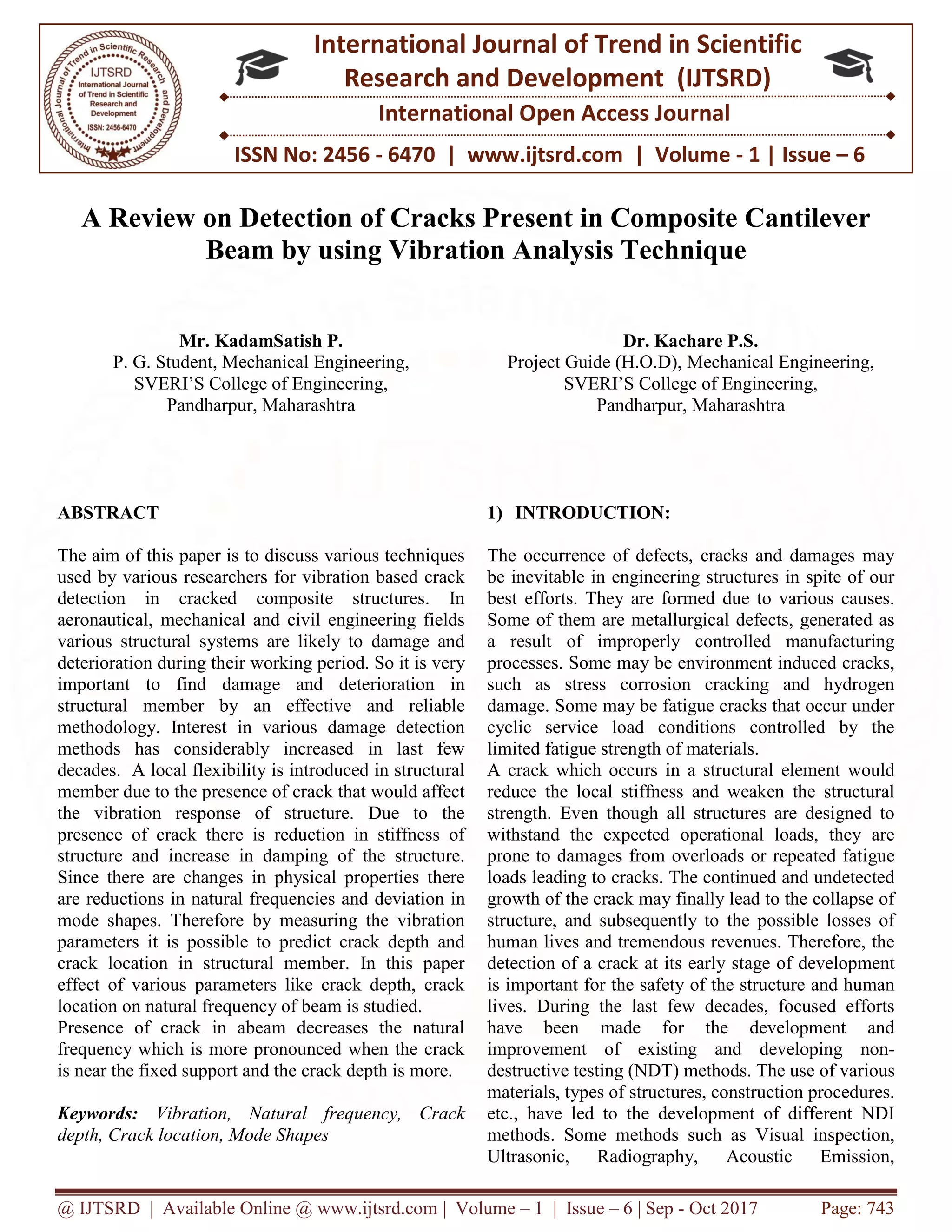 A Review On Detection Of Cracks Present In Composite Cantilever Beam By Using Vibration Analysis