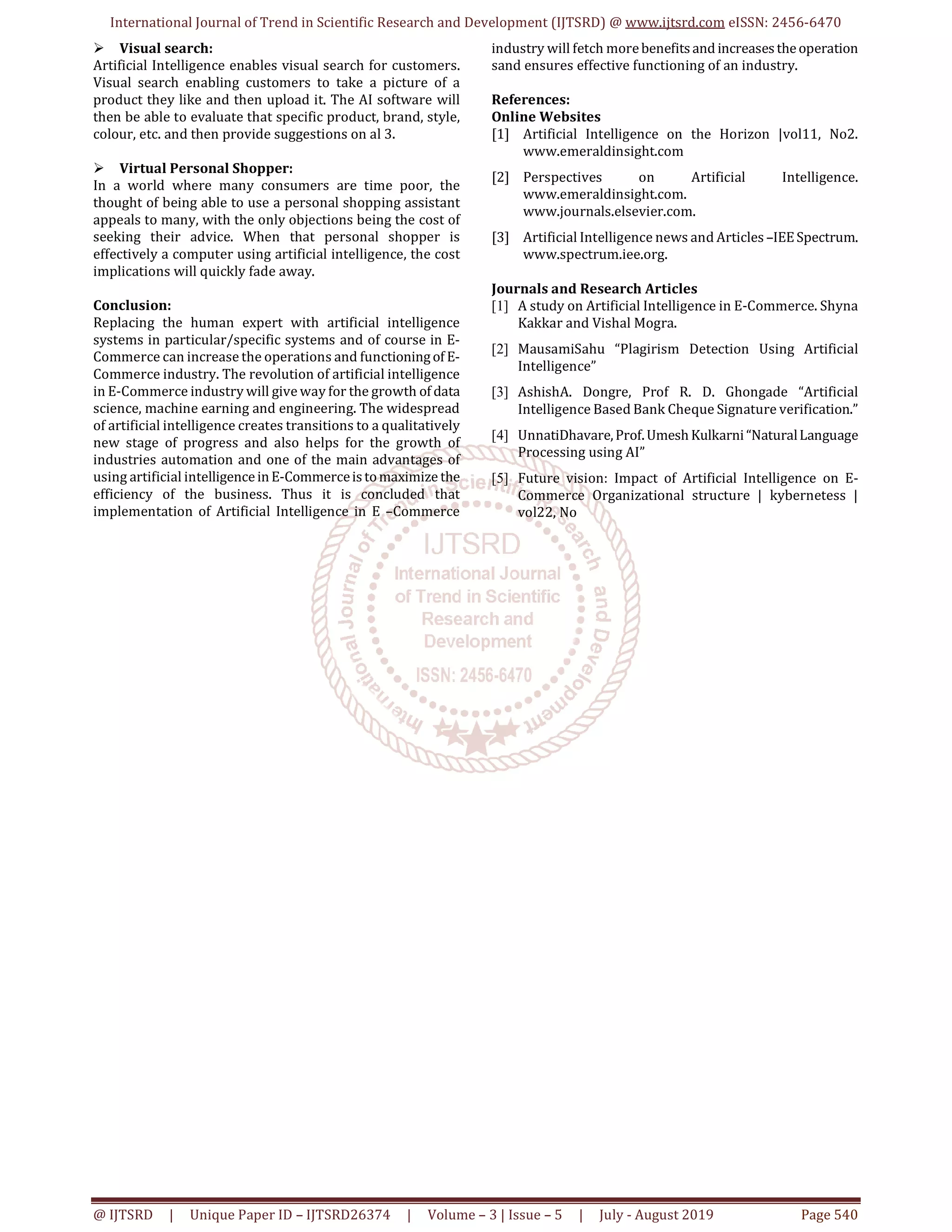 A Study on the Applications and Impact of Artificial Intelligence in E Commerce Industry | PDF