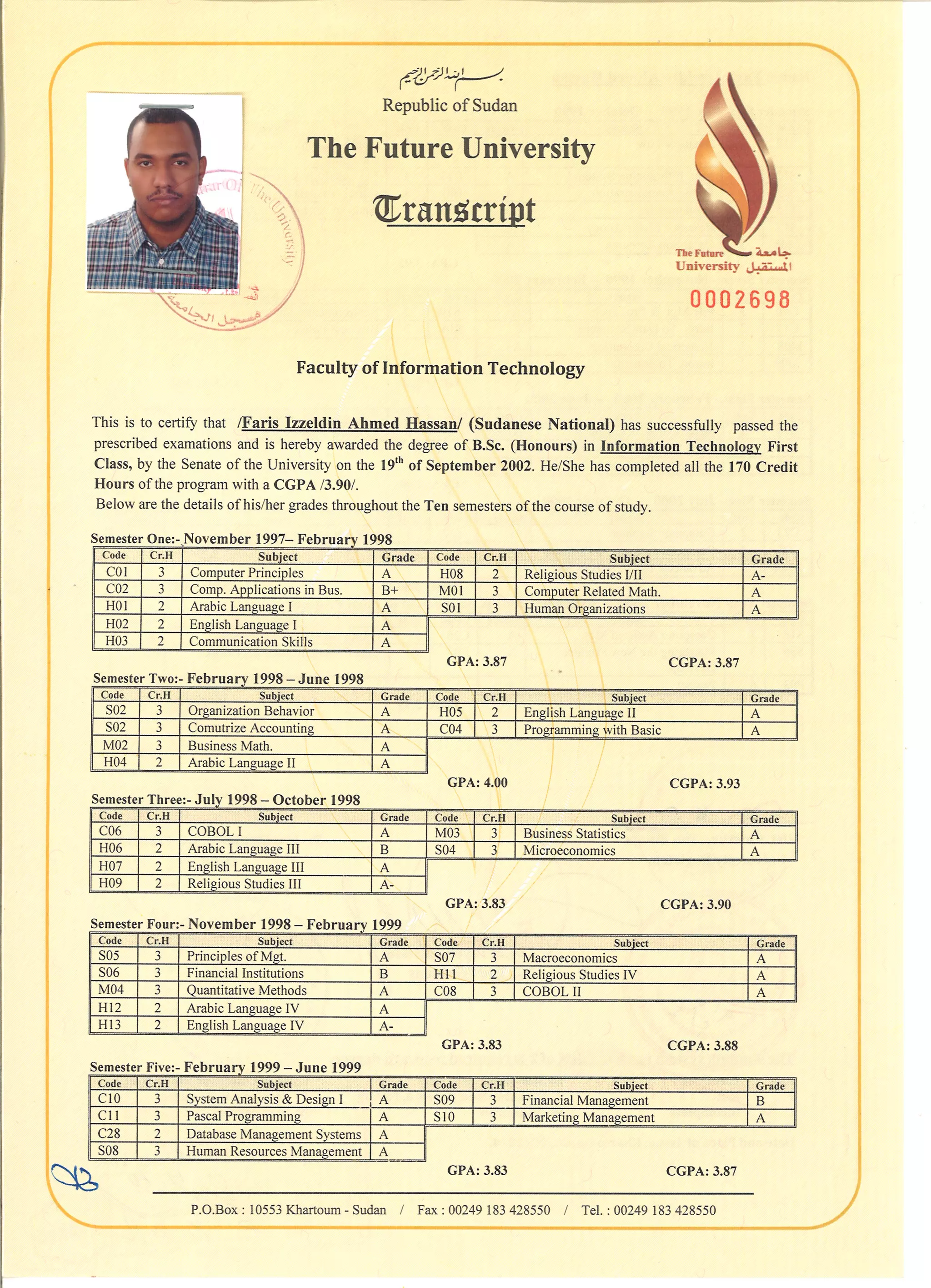 B.SC TRANSCRIPT CERTIFICATE (THE FUTURE UNIVERSITY) | PDF