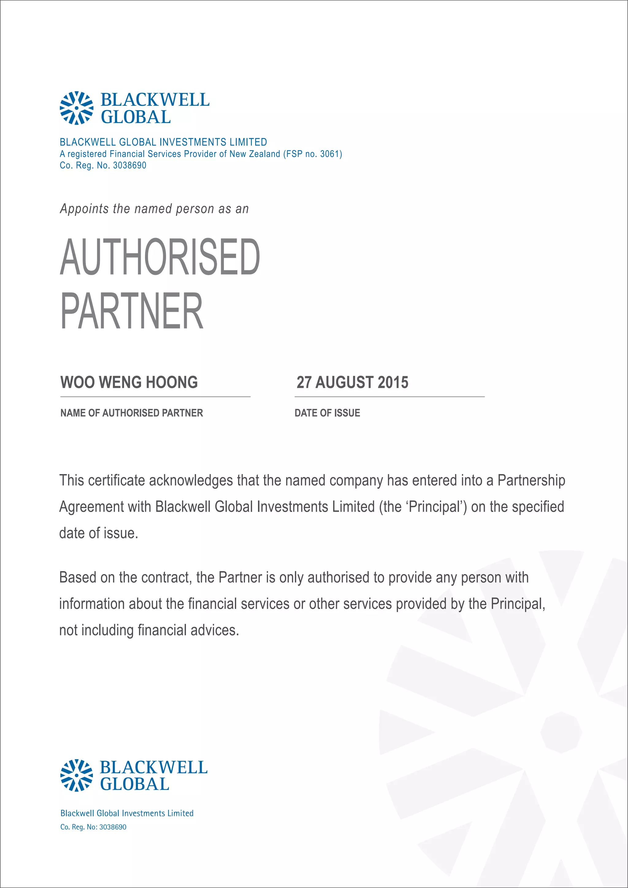 Blackwell Global Partner Certificate - Woo Weng Hoong | PDF