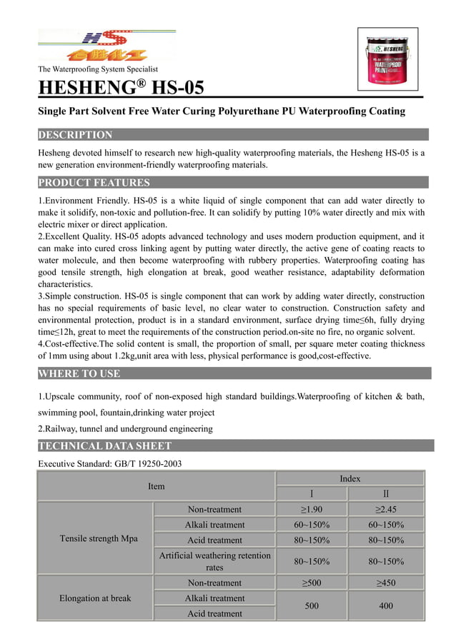 HS-05 Solvent Free One Component Polyurethane (PU) Waterproofing ...