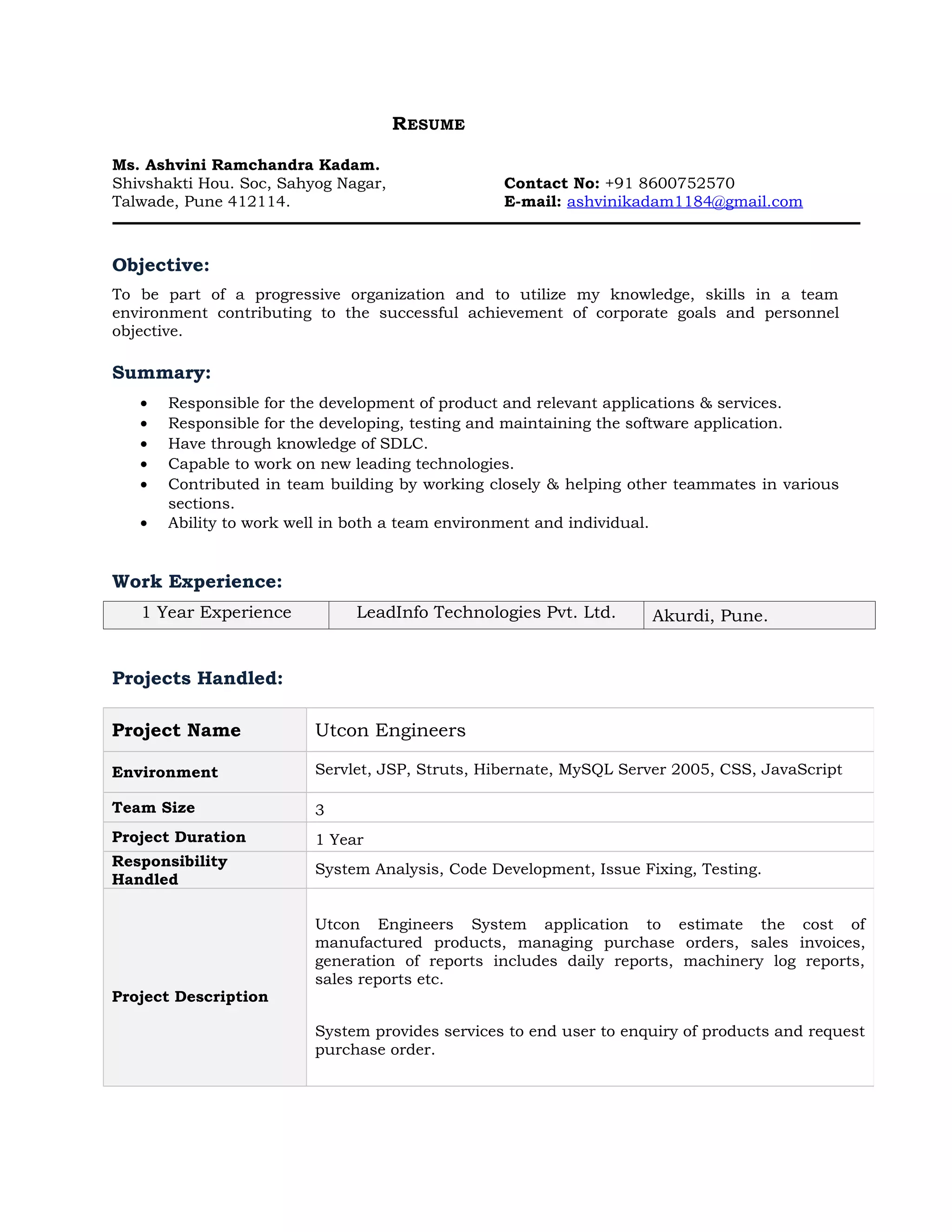 Ashvini -1 Year Software Developer | PDF