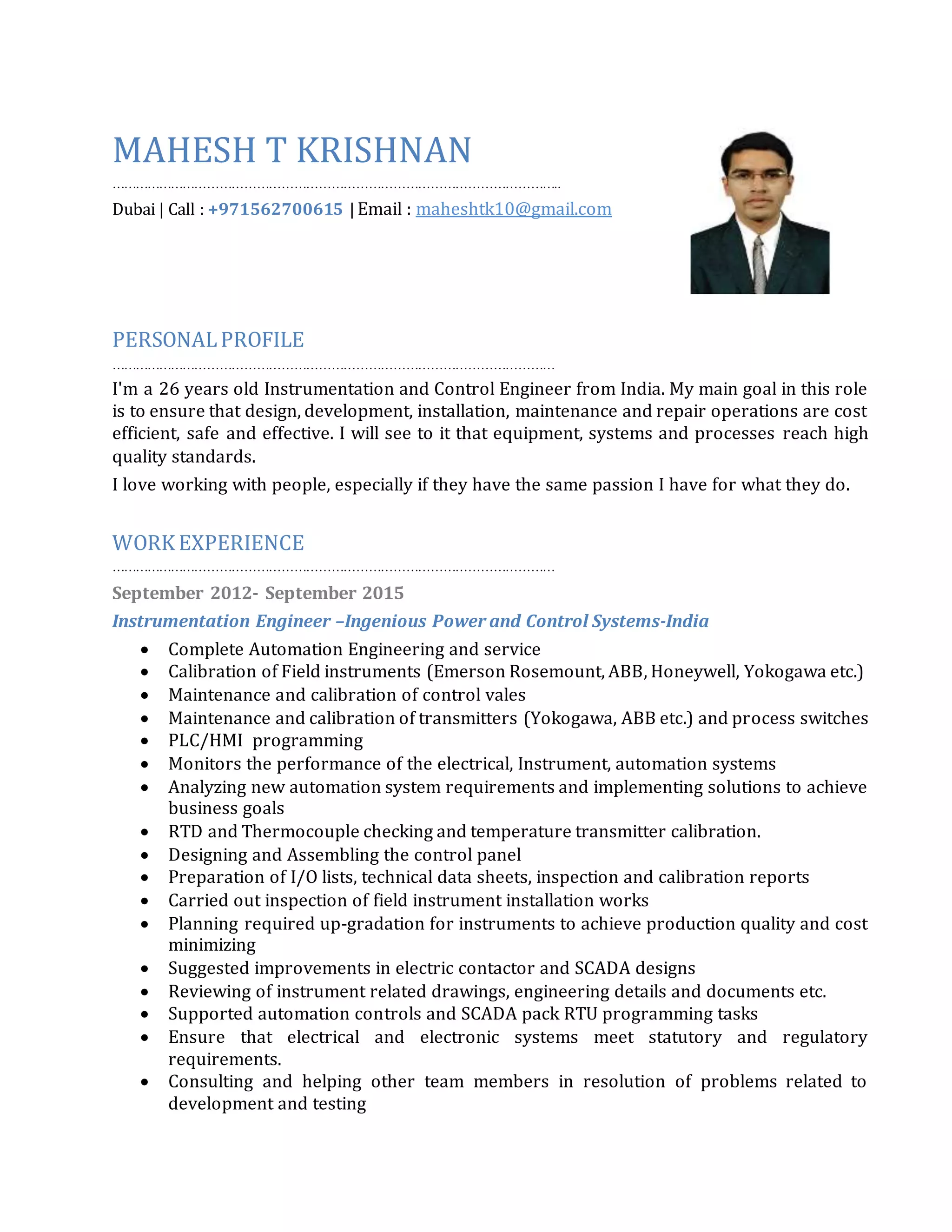 INSTRUMENTATION ENGINEER_CV_MAHESH T KRISHNAN | DOCX | Secondary Education | Education