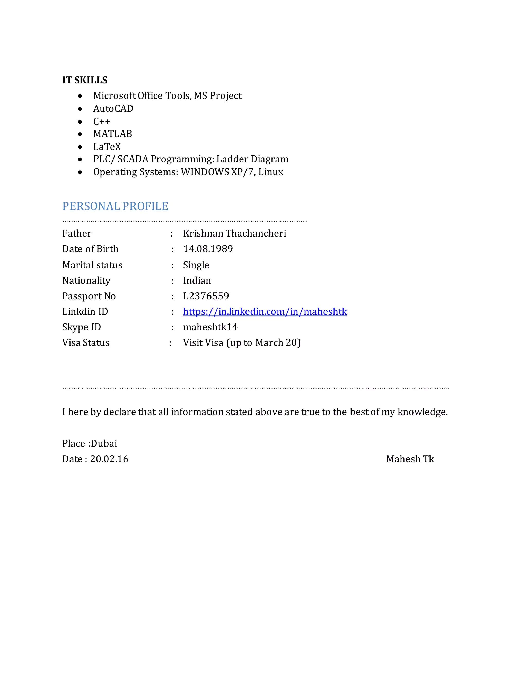 INSTRUMENTATION ENGINEER_CV_MAHESH T KRISHNAN | DOCX | Secondary Education | Education
